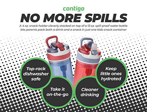 Contigo Snack Hero Water Bottle Set, 2-in-1 Water Bottle with 4oz Snack Compartment & 13oz Spill-Proof Water Bottle - Red & Blue