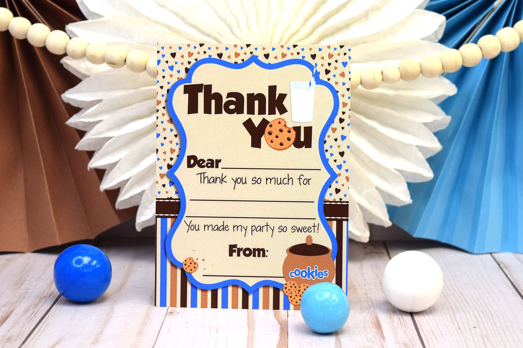 Milk & Cookies Blue & Brown Birthday Thank You Notes, Ten 4" x 5.5" Fill In The Blank Cards with 10 White Envelopes by AmandaCreation