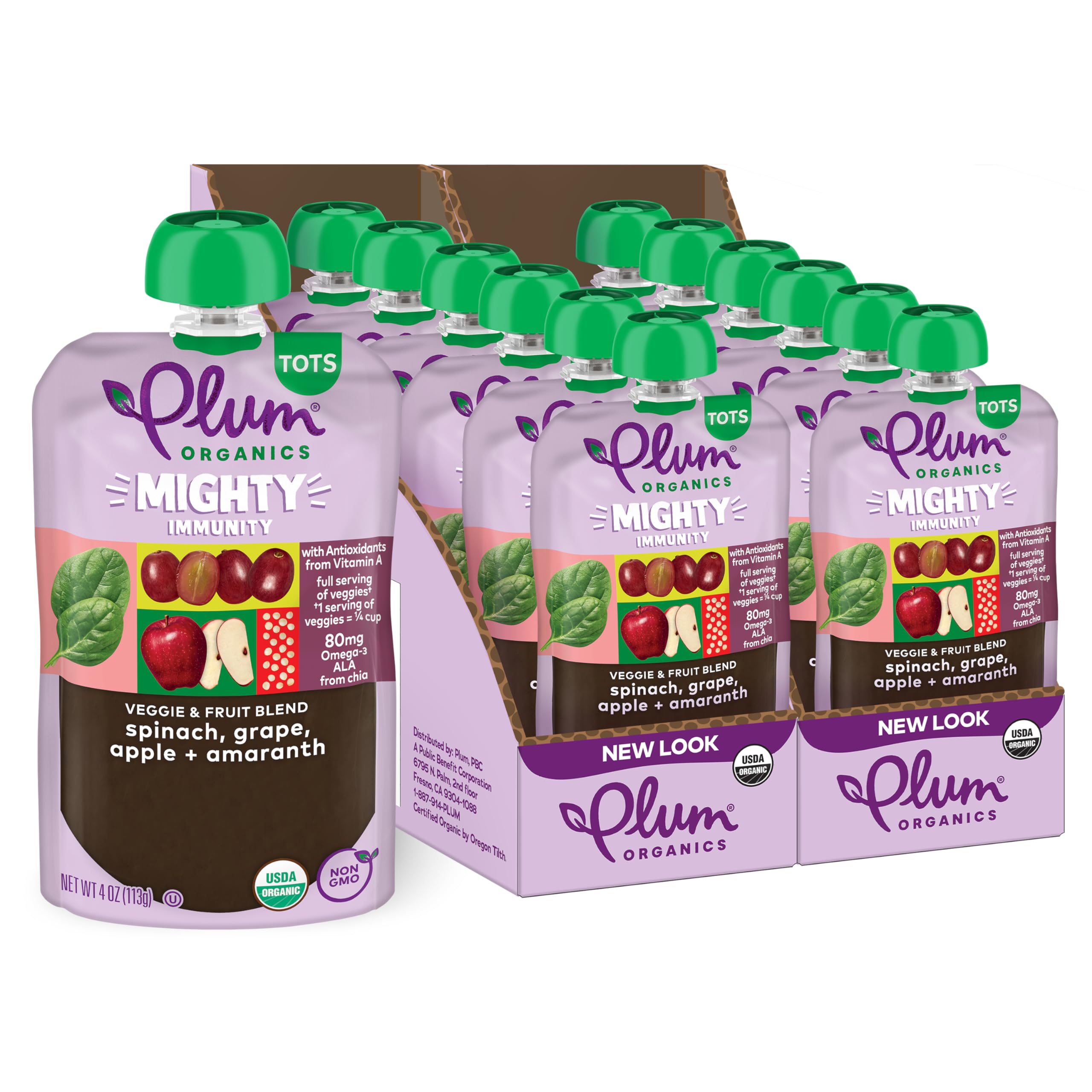 Plum Organics Mighty Veggie Blends Organic Baby Food Meals [12+ Months] Spinach, Grape, Apple & Amaranth 4 Ounce Pouch (Pack Of 12) Packaging May Vary