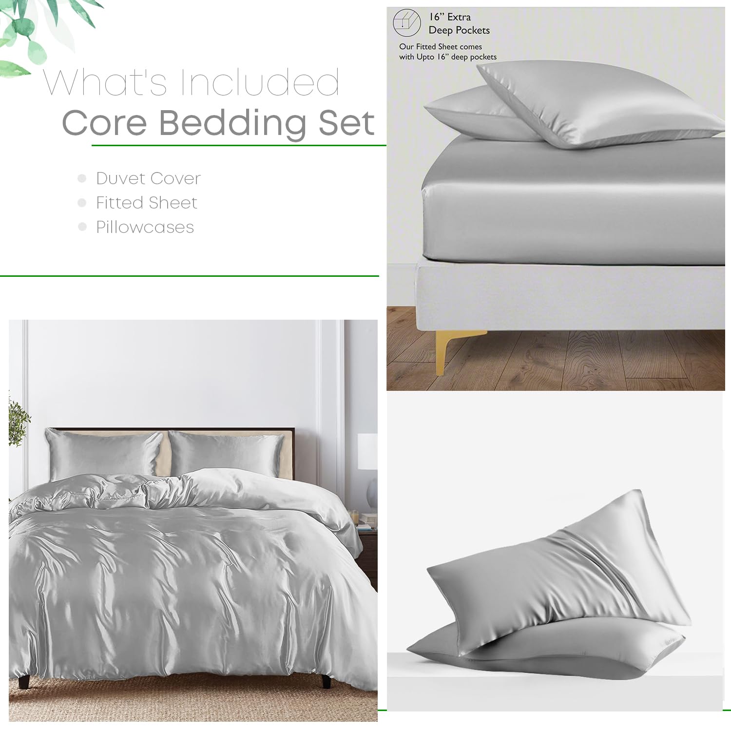 Linenwalas Tencel Lyocell Duvet Cover Set with Deep Pocket Fitted Sheet, Viscose Made from Eucalyptus Soft, Lightweight and Breathable Complete Bedding Set (Silver, Queen)
