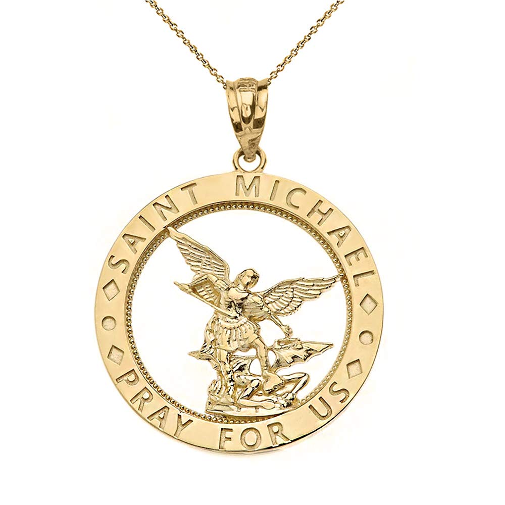 CaliRoseJewelry 14k Saint Michael Pray for Us Round Charm Pendant Necklace in Yellow Gold, 16"