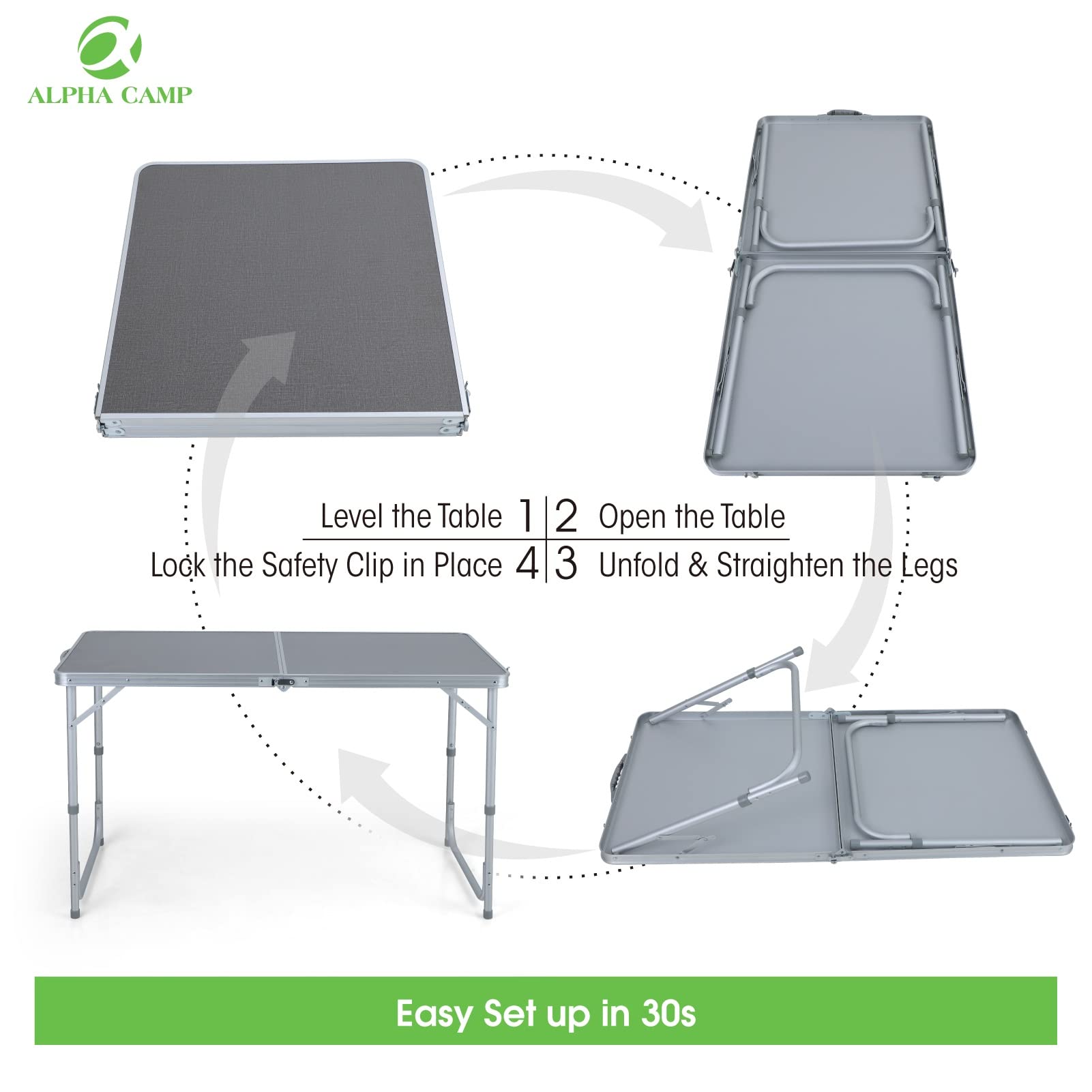 ALPHA CAMP 4ft Folding Camping Table Aluminum Adjustable Height Picnic Table Waterproof and Rust Resistant Portable Desk with Handle Stable Durable Table for Outdoor Camp Traveling Beach,10.1lbs