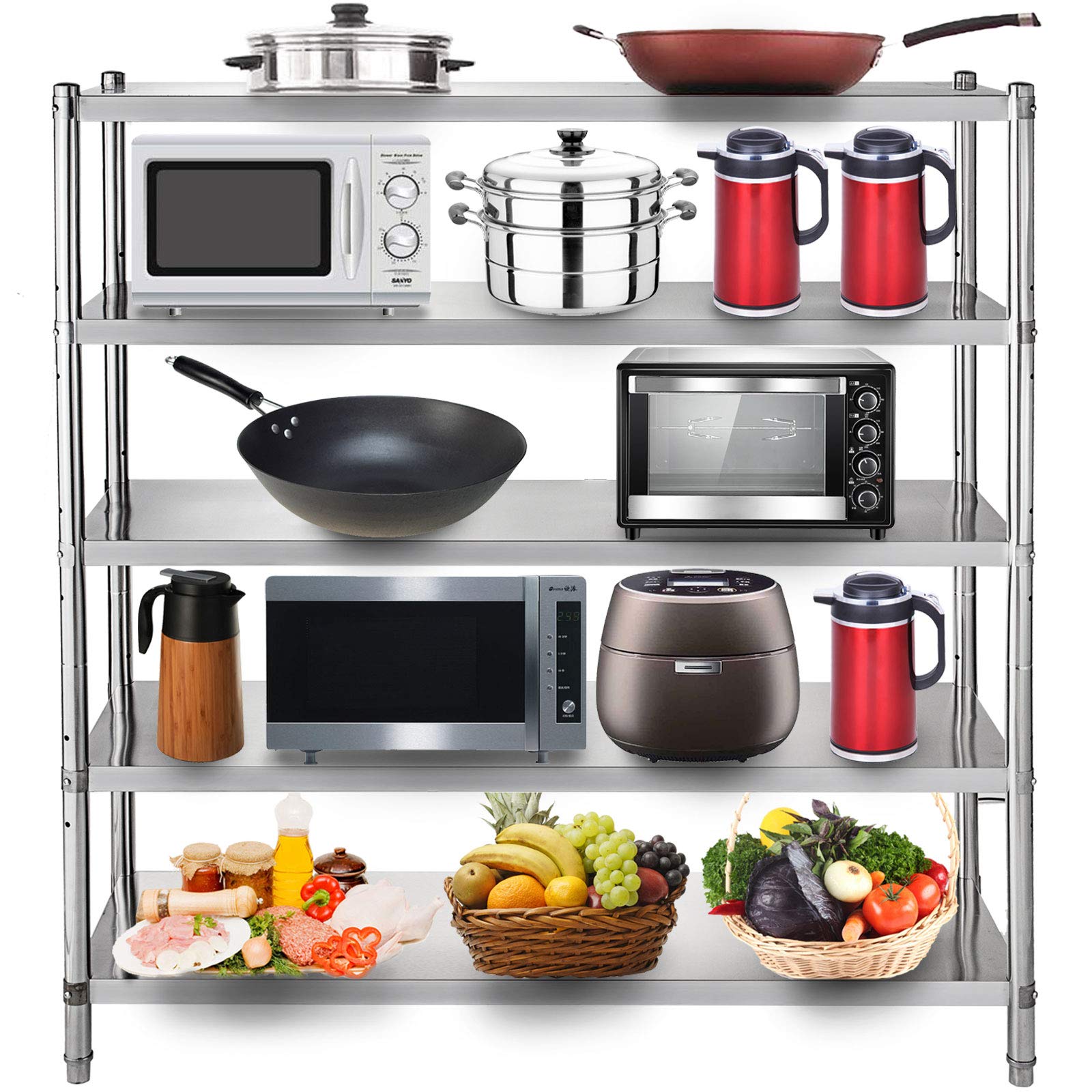 VBENLEM Stainless Steel Shelving 60x18.5 Inch 5 Tier Adjustable Shelf Storage Unit Stainless Steel Heavy Duty Shelving for Kitchen Commercial Office Garage Storage 330lb Per Shelf