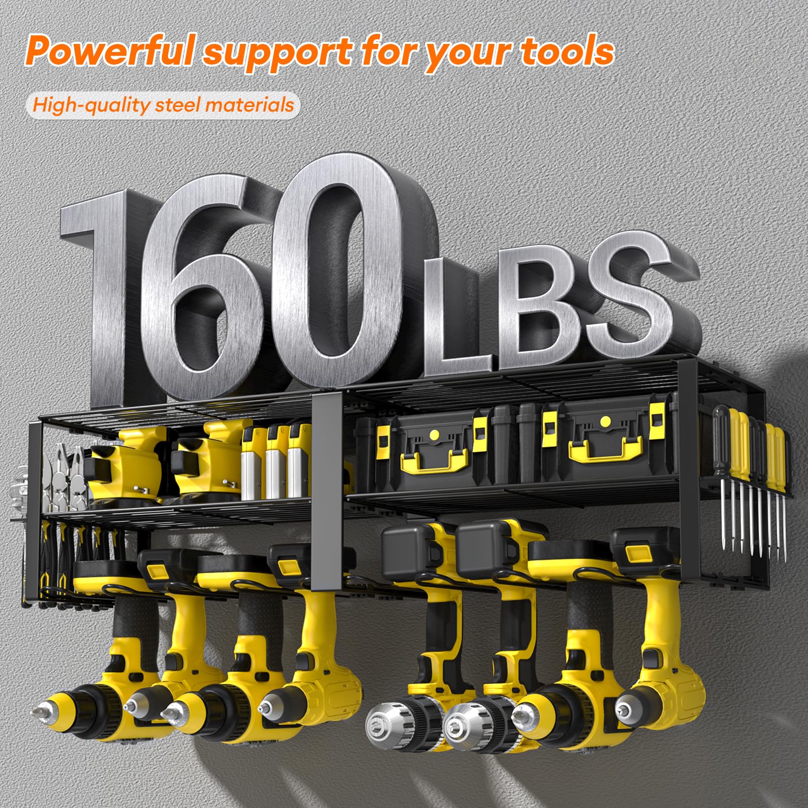 Nidouillet Power Tool Organizer Wall Mount with Charging Station, 2024 Upgraded Drill Holder Wall Mout with 8 Drill Holder, Heavy Duty Tool Holder with 4 Power Stips