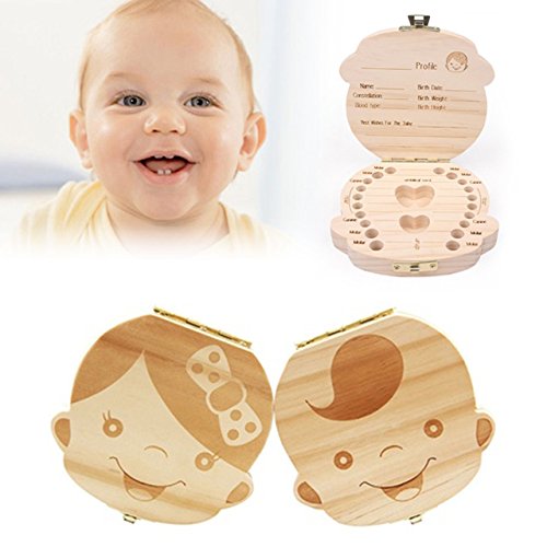 Mogoko Baby Teeth Keepsake Box Wooden Tooth Fairy Boxes, Child Kids Tooth Storage Holder Organizer(Girl, English; Customized Personalized Optional)