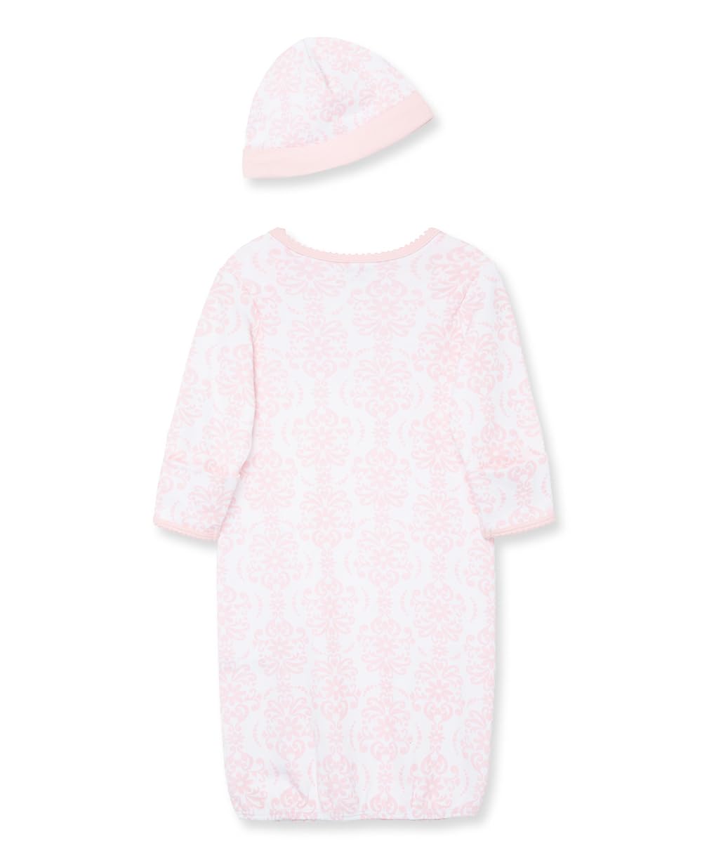 Little Me Baby Girl's 2-Piece Nightgown and Cap Set, Pink Damask, 0-3 Months