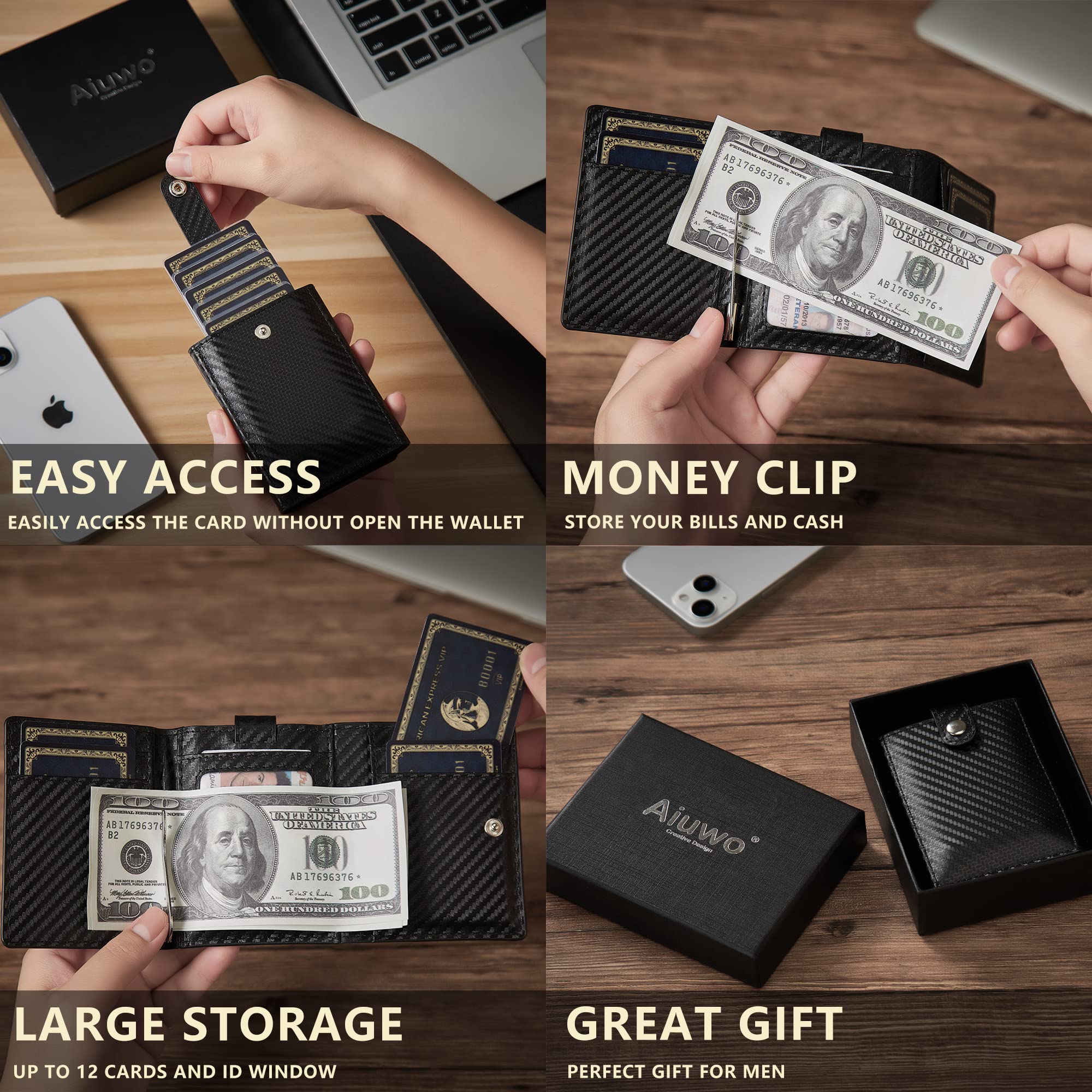 Aiuwo Wallet for Men,Men's Trifold Durable Wallets with ID Window Large Capacity Leather Wallet with Gift Box (Carbon Leather)