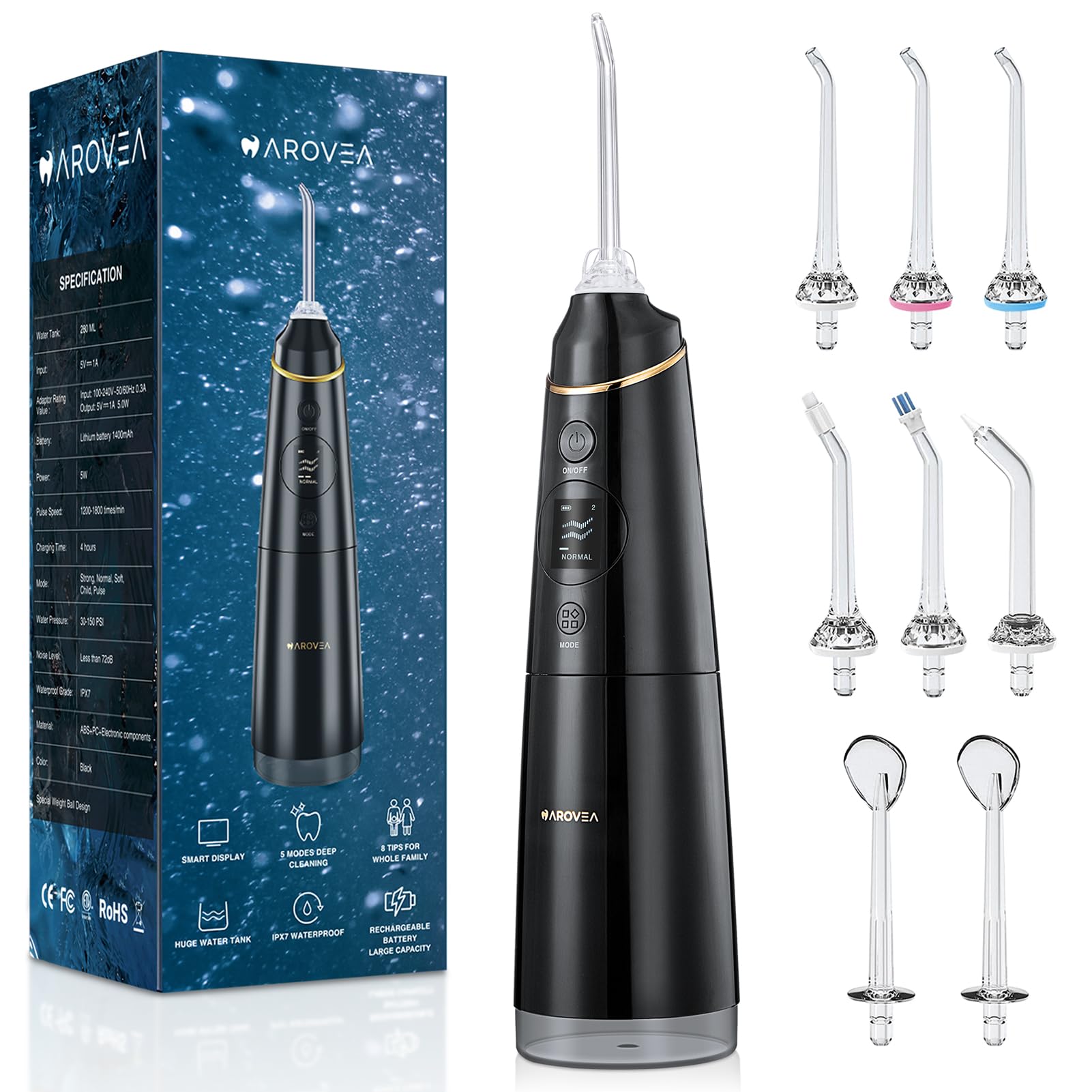 AROVEA Water Flosser, 5 Professional Modes, 8 Replaceable Jet Tips - IPX7 Waterproof, Powerful Rechargeable Battery Life, Oral Dental flosser for Home Travel