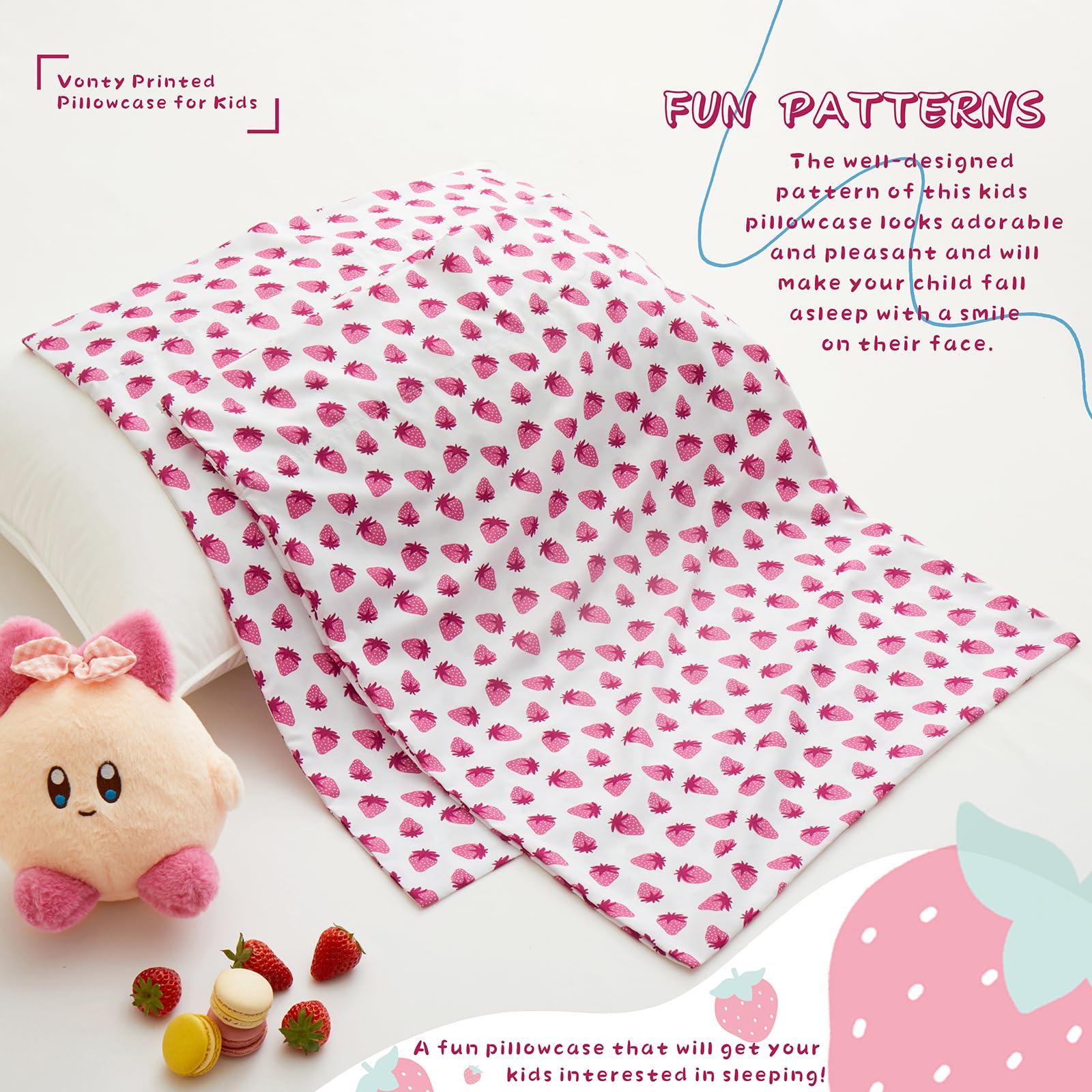 Vonty Kids Pillowcase Pink Strawberry Printed Standard Pillow Cases, Microfiber Kids Pillow Cases for Girls - Soft & Breathable 20x26 Pillow Covers(2Pcs)