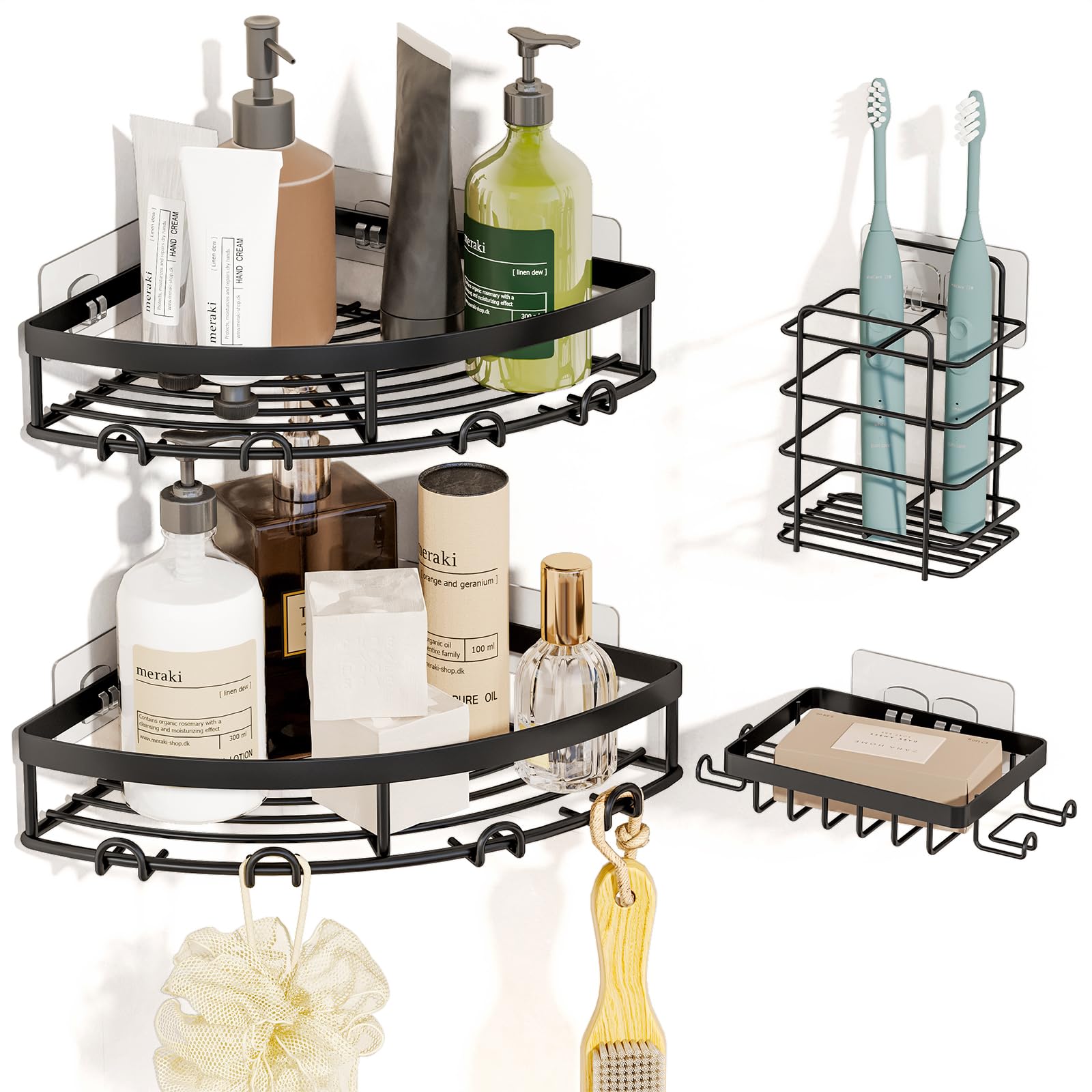 Fixwal Shower Caddy, Bathroom Corner Shower Organizers, Sliver Shower Shelves for Inside Shower with Soap Caddy & Toothbrush Holder, No Drilling Wall Mount 4-Pack