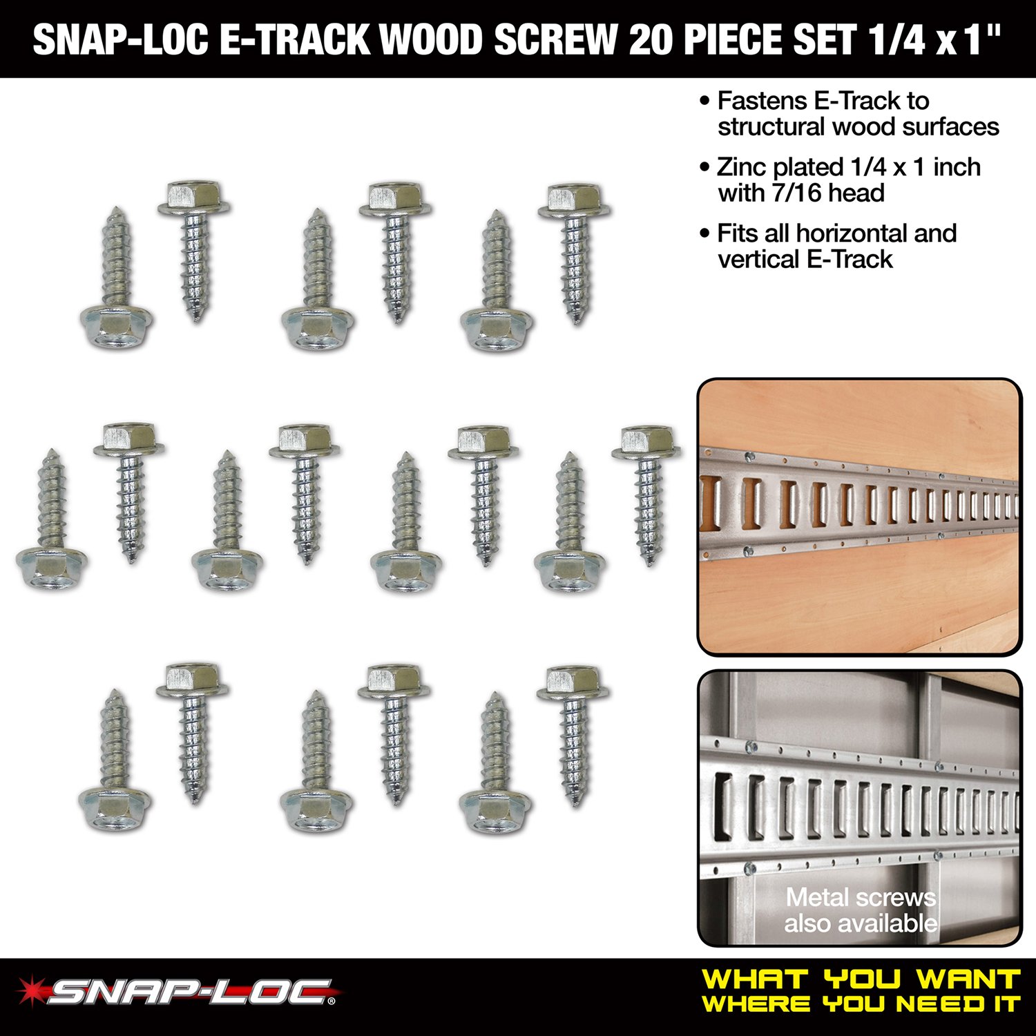SNAP-LOC E Track Screws for Wood, E Track Fastener Set, Industrial-Strength Heavy Duty Zinc Plated Screws, 1/4"x1" Lag Screws, 7/16” Hexagon Socket Head, 20 Pcs