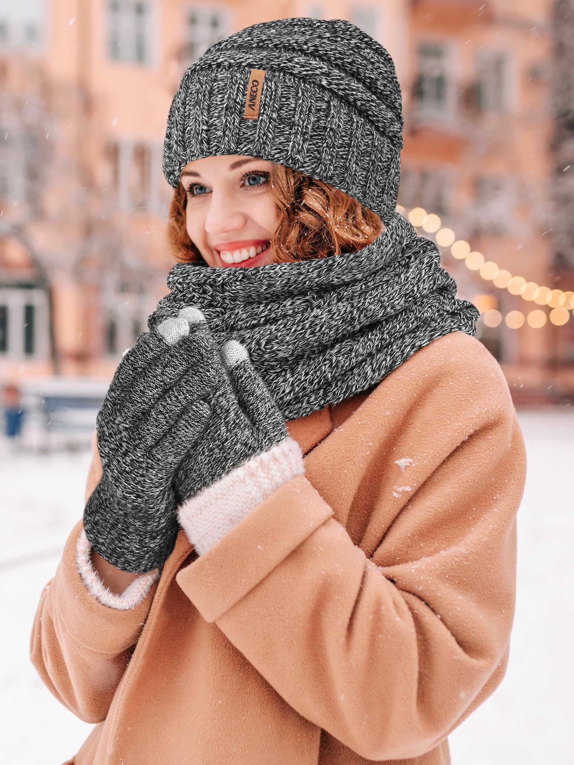 Aneco Winter Warm Knitted Scarf Beanie Hat and Gloves Set Men & Women's Soft Stretch Hat Scarf and Mitten Set