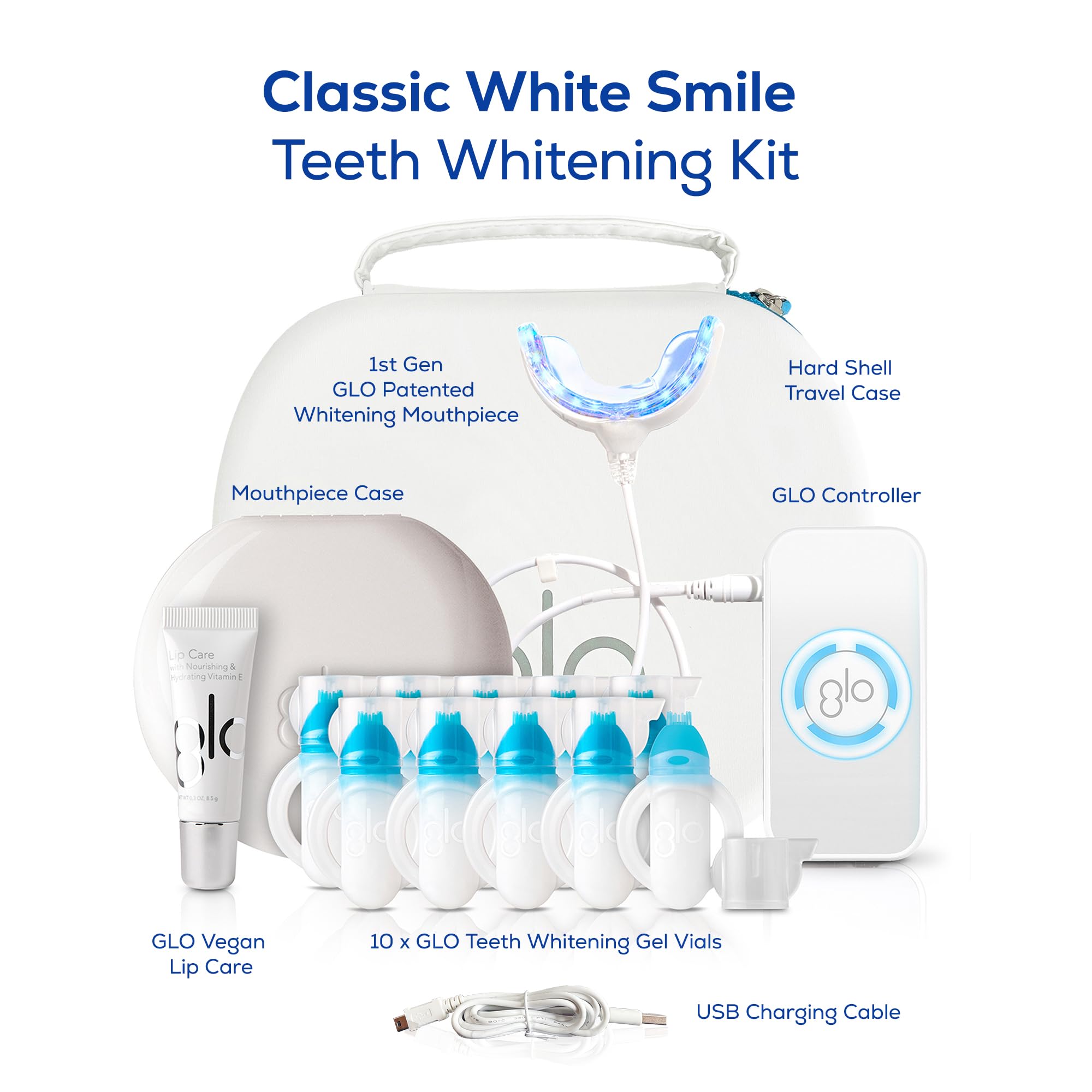 GLO Science — GLO Classic Brilliant Teeth Whitening Device Kit w/Patented Warming Mouthpiece and Blue LED Light Technology — Designed for Sensitive Teeth, White Device