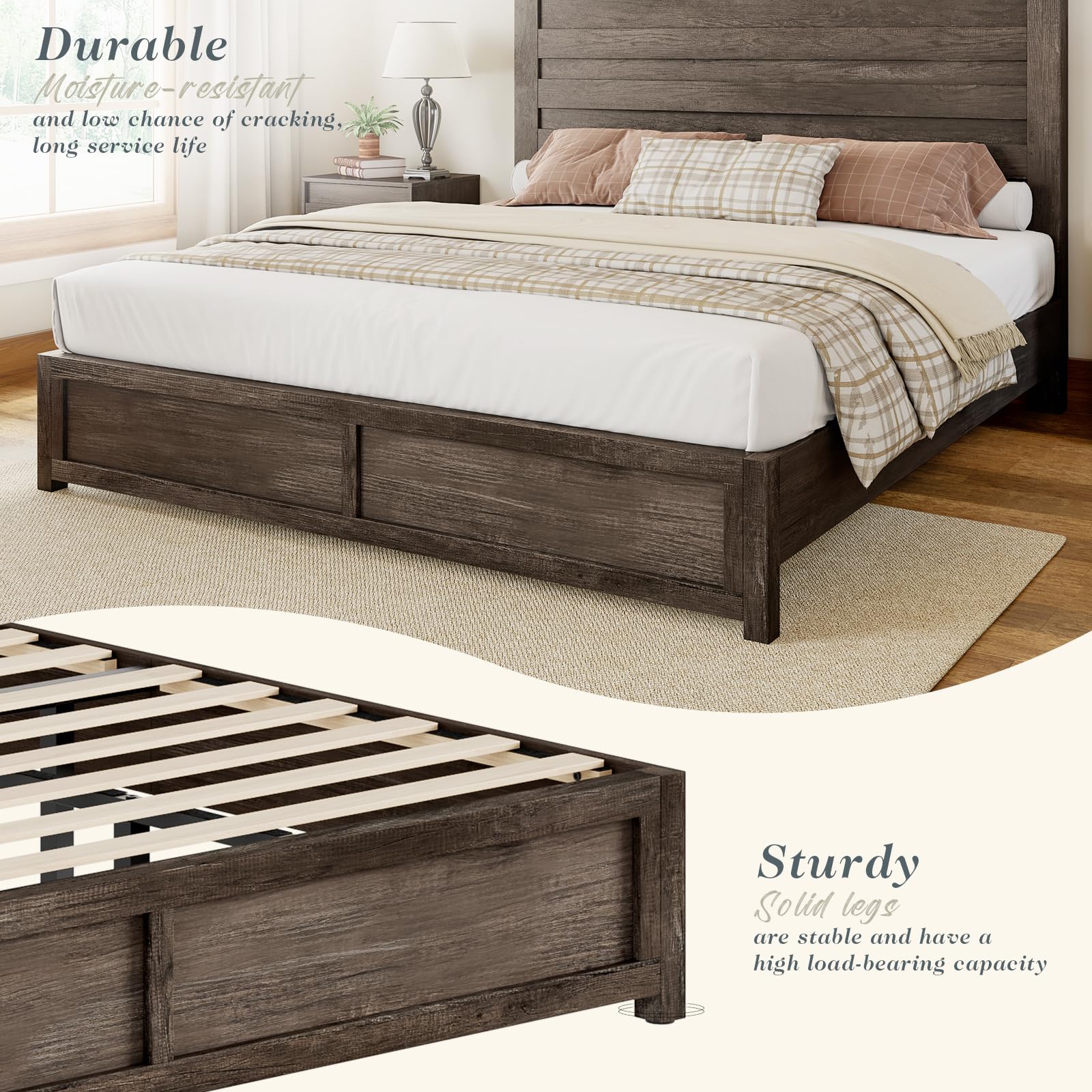 Albott Queen Size Farmhouse Bed Frame with 49" Headboard, Platform Bed Frame with Wood Slats Support/No Box Spring Needed/Easy Assembly, Rustic Grey