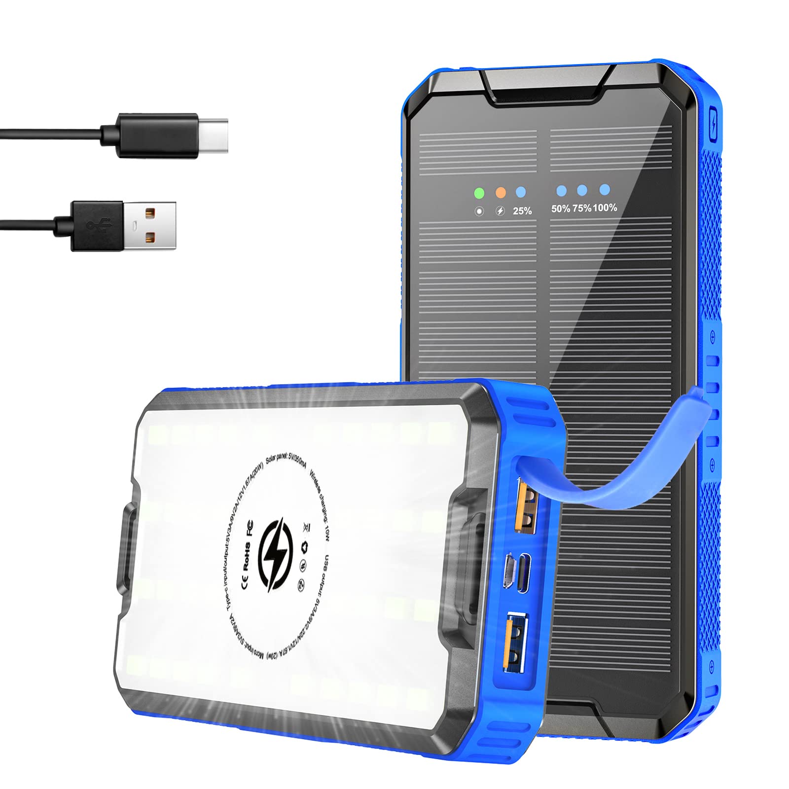 ANYFONG Solar Power Bank, 30000mA PD20W QC3.0 USB C Fasting Charging Solar Charger 10W Wireless Portable Phone Charger Power Bank, Battery Charger with Camping Light