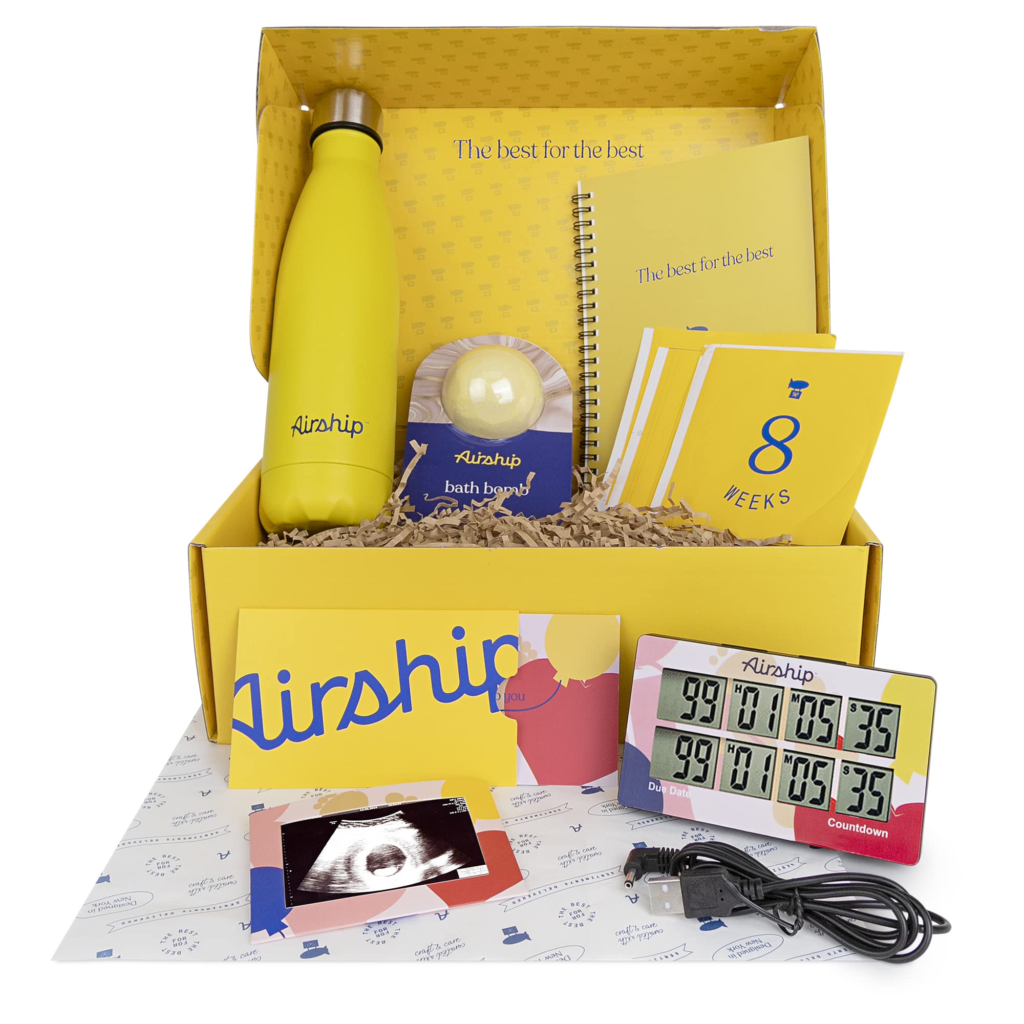 Airship Pregnancy Gift Box - Pregnancy Must Haves for Expecting Moms - Essentials Kit with Bath Bomb, 12โ Water Bottle, 12 Stickers, Countdown Time Clock, Journal Book - Self Care Baby Shower Gifts