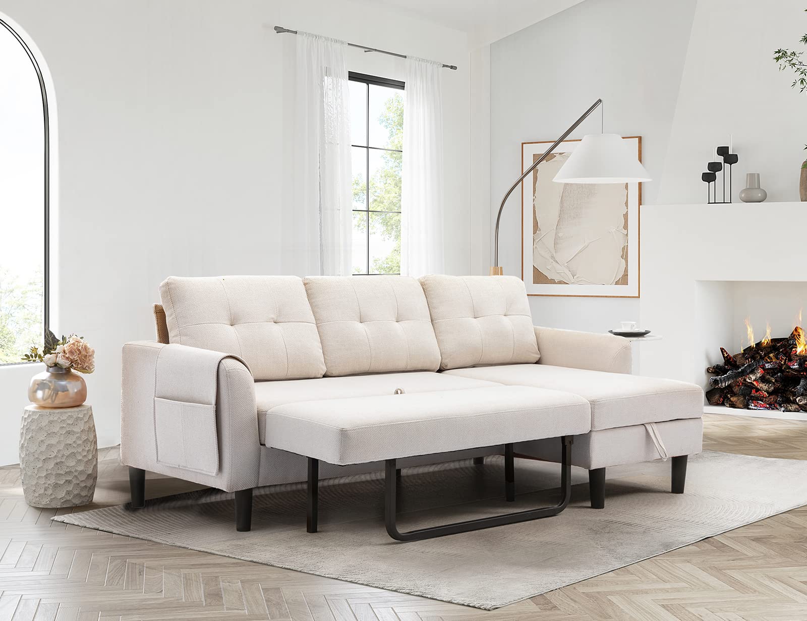 Modern Pull Out Sleeper Sofa Bed with Chaise, Comfy L Shaped Convertible Sleeper Couch with Storage and Pocket, Sectional 3 Seat Couch for Living Room Furniture or Office, Tufted Back (Beige)