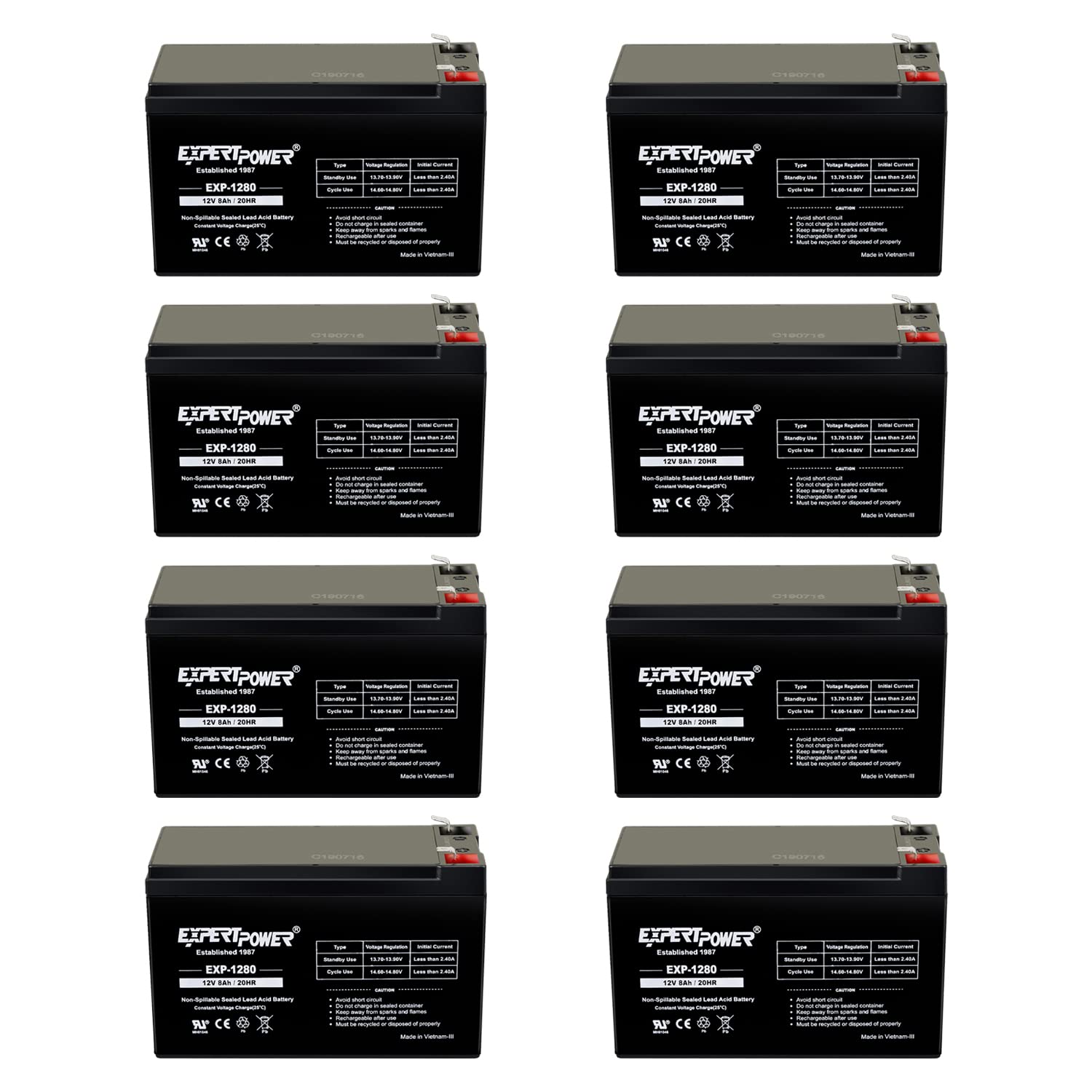 ExpertPower® 12V 8AH Sealed Lead Acid (SLA) Battery Replacement for APC Back-UPS ES 550VA Pro 1300/1500 Liftmaster CSL-24VDC Slider Gate Opene - F2 Terminals / 8 Pack