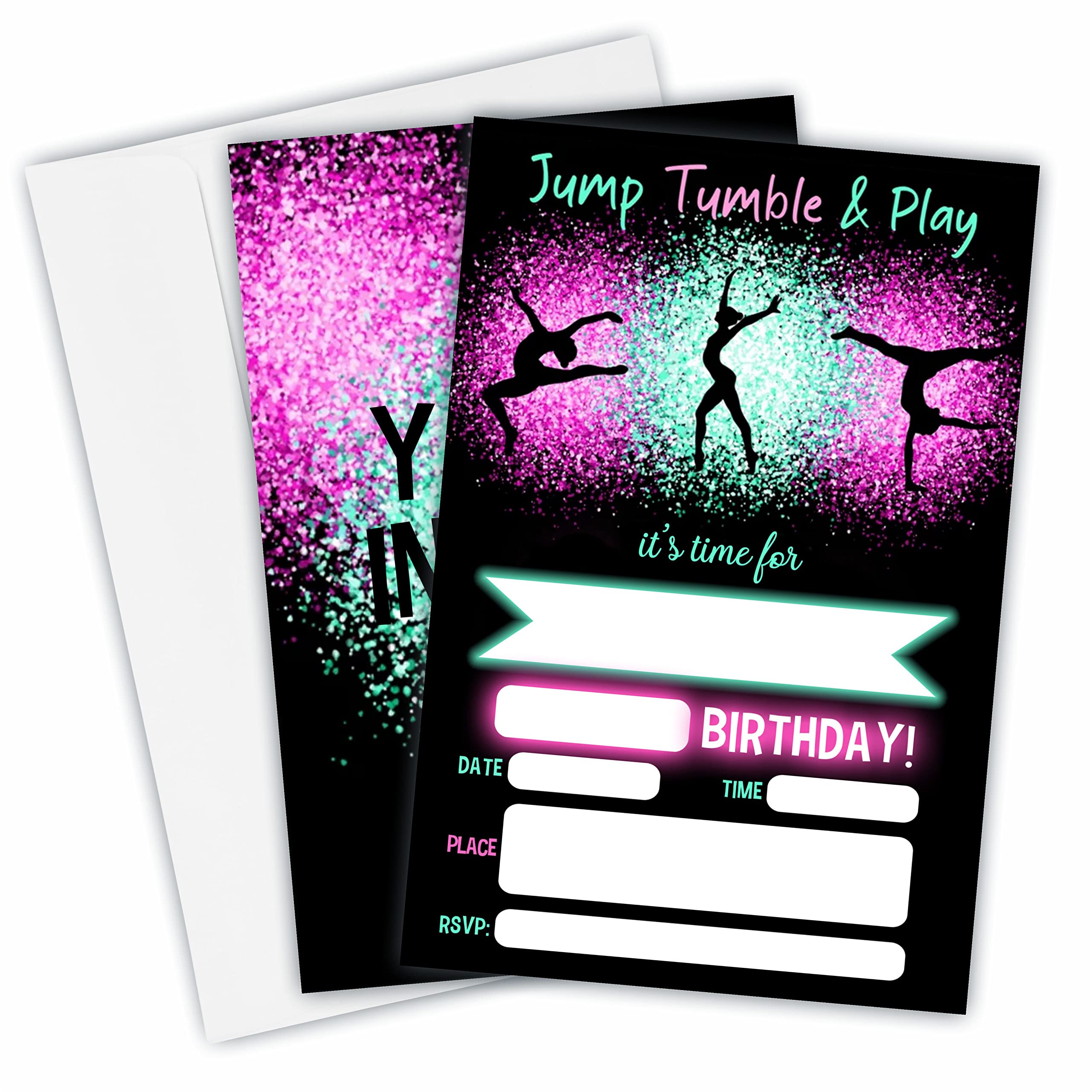 Jump Tumble & Play Birthday Invitations, Neon Pink Foil Gymnastic Birthday Party Invites Decorations, Birthday Party And Events Supplies, 20 Fill-In Invites Cards With Matching Envelopes(YQK-B03)