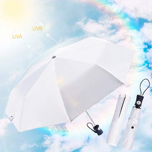 DBA FDJASGY UV Sun Umbrella Compact Folding Travel Umbrella Auto Open Close Compact Folding Rain Umbrellas for Women Men Blocking UV 99.98% White