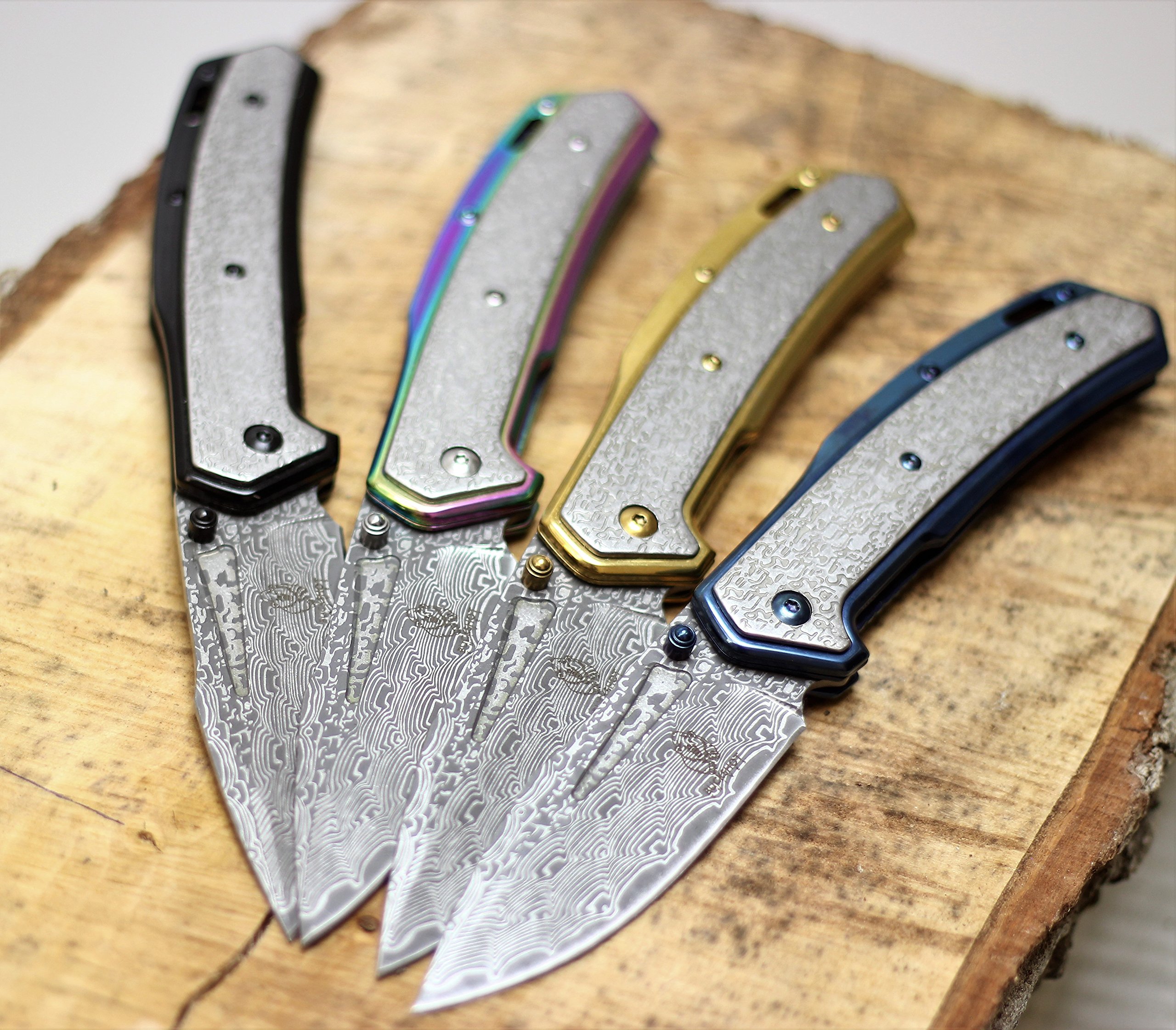 Buckshot Knives Thumb Open Spring Assisted Stainless Steel Titanium Handle with 3D Etched Inlay, Etched Damascus Wave Blade Pocket Knife (PBK215RW)