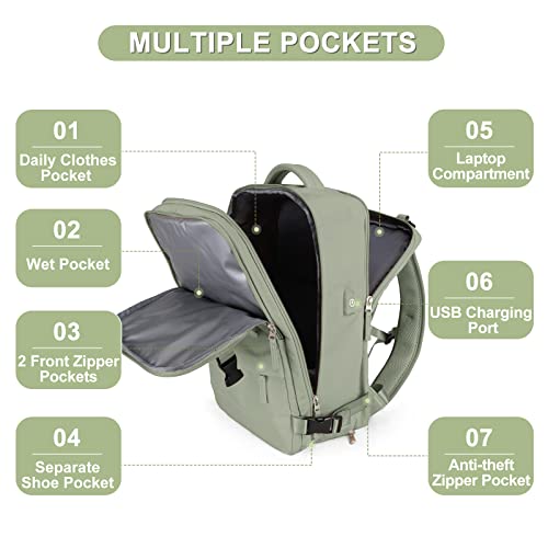 coofay Travel Backpack For Women Men Airline Approved Carry On Backpack Flight Approved Waterproof Sports Luggage Backpack Casual Daypack Small Hiking Backpack Grey Green
