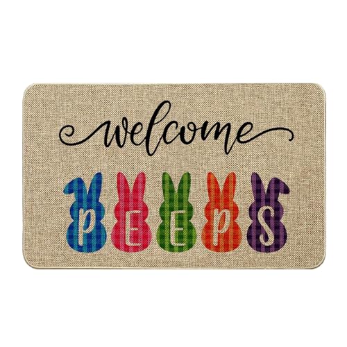 Baccessor Easter Bunny Welcome Peeps Doormat Outdoor Entrance Buffalo Plaid Funny Bunny Colorful Rabbit Front Door Mat Indoor Low Profile Rubber Back Inside Outside Door Mat Rugs 17 x 29 Inch