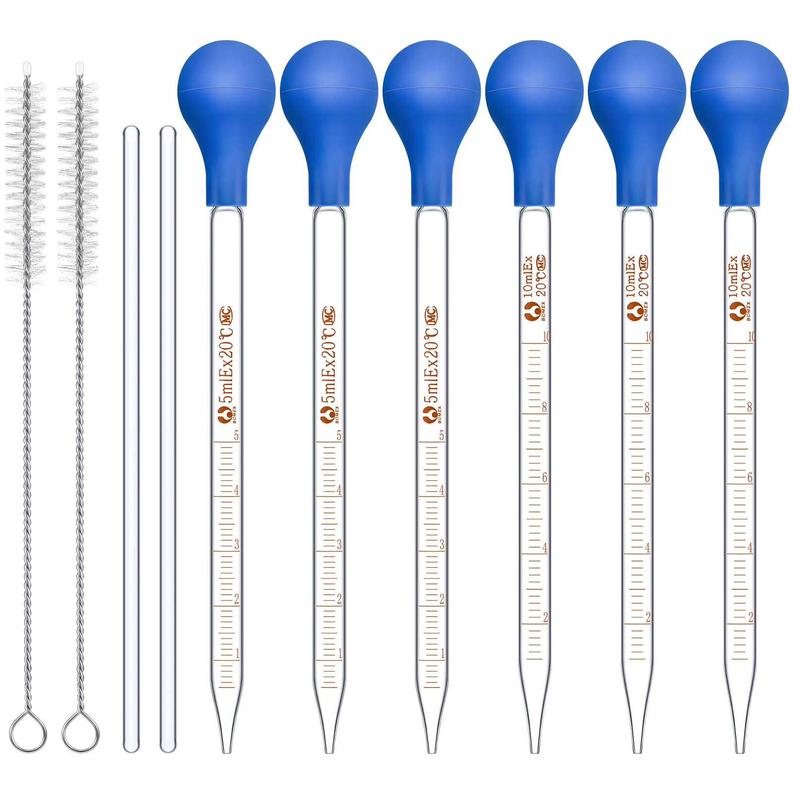 Weewooday Glass Droppers Pipettes Graduated Lab Dropper Glass Liquid Pipette with Big Rubber Hats 20 cm Glass Stir Rod Washing Brush Transfer for Liquid Essential Oil(16 Pieces,Blue,5 Ml, 10 ml)
