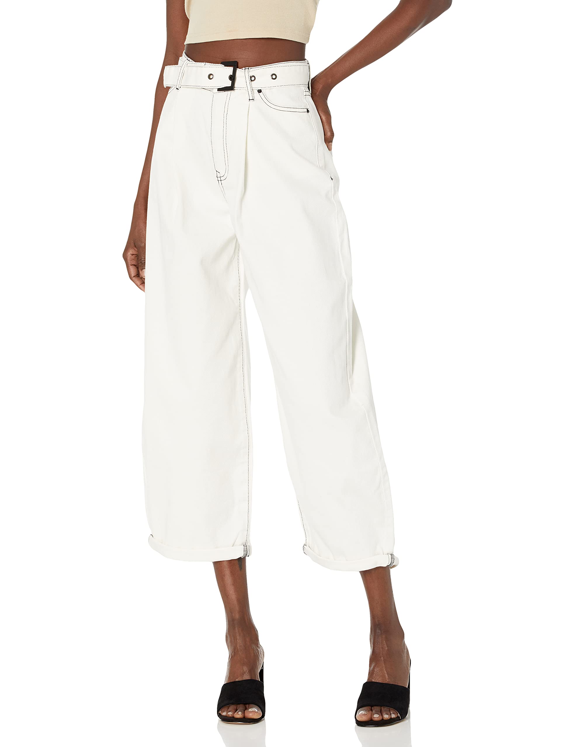 A | X ARMANI EXCHANGE Women's Light Wash Belted Wide Leg Jeans, White Denim, 32