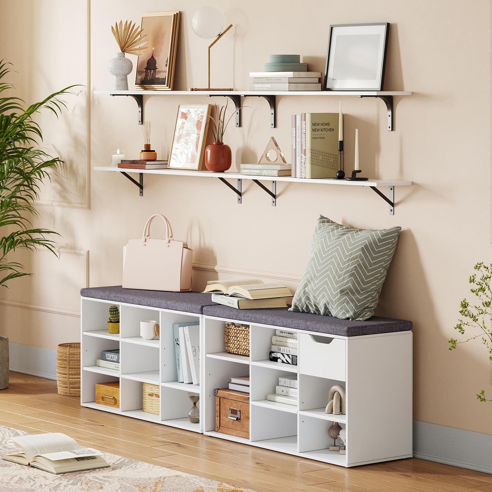 DINZI LVJ Shoe Storage Bench with Cushion, Cubby Shoe Rack with 9 Cubbies, Adjustable Shelves, Multifunctional Shoe Organizer Bench for Entryway, Mudroom, Hallway, Closet and Garage, White