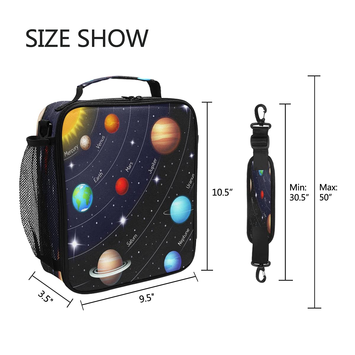 AUUXVA Kids Lunch Box, Planets Color, Unisex, 10.5x3.5x9.5 Inch, Oxford Material and Aluminum Film, Spacious, Lightweight, Adjustable Shoulder Straps, Heat Insulation