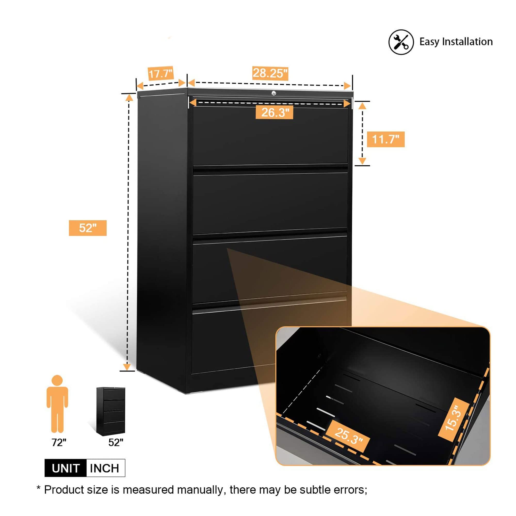 Aobabo 4 Drawer Lateral File Cabinet,Office Filing Cabinet with Lock,Metal Files Cabinet for Office,52'' Office File Cabinets with 4 Drawers,Black,Assembly Required