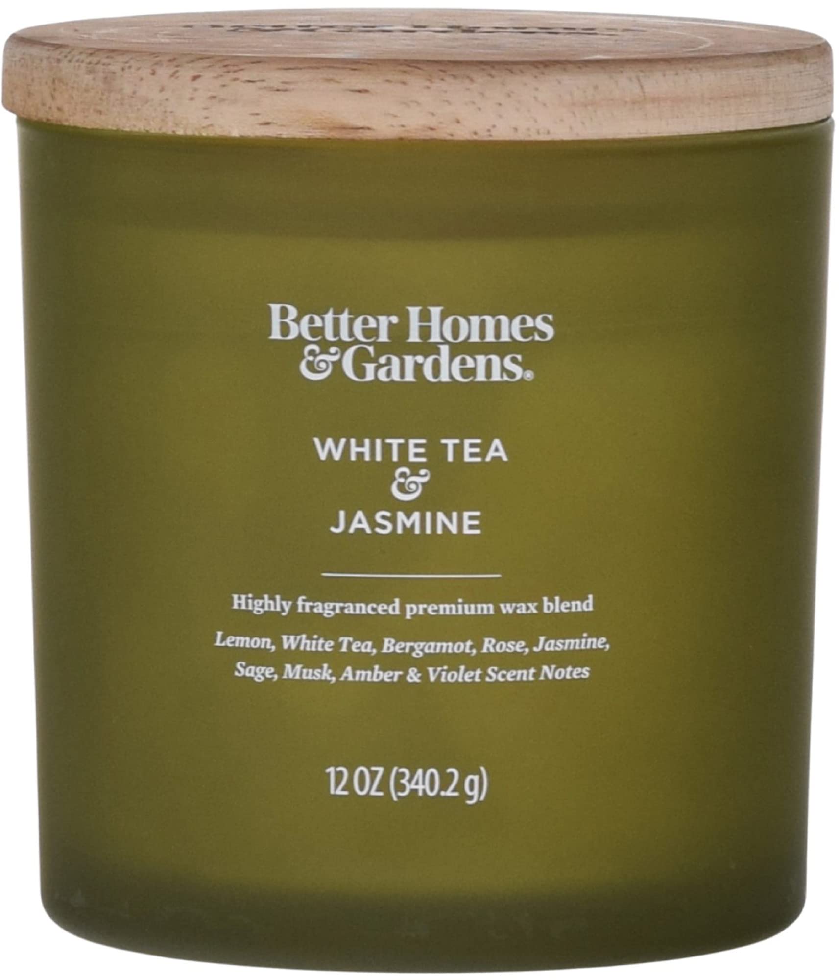 BetterHomes&Gardens Better Homes and Gardens 12oz Scented Candle, White Tea and Jasmine 2-Pack, Olive Green, 12oz (329g) x 2 [excluding glass jar weight] (44220)