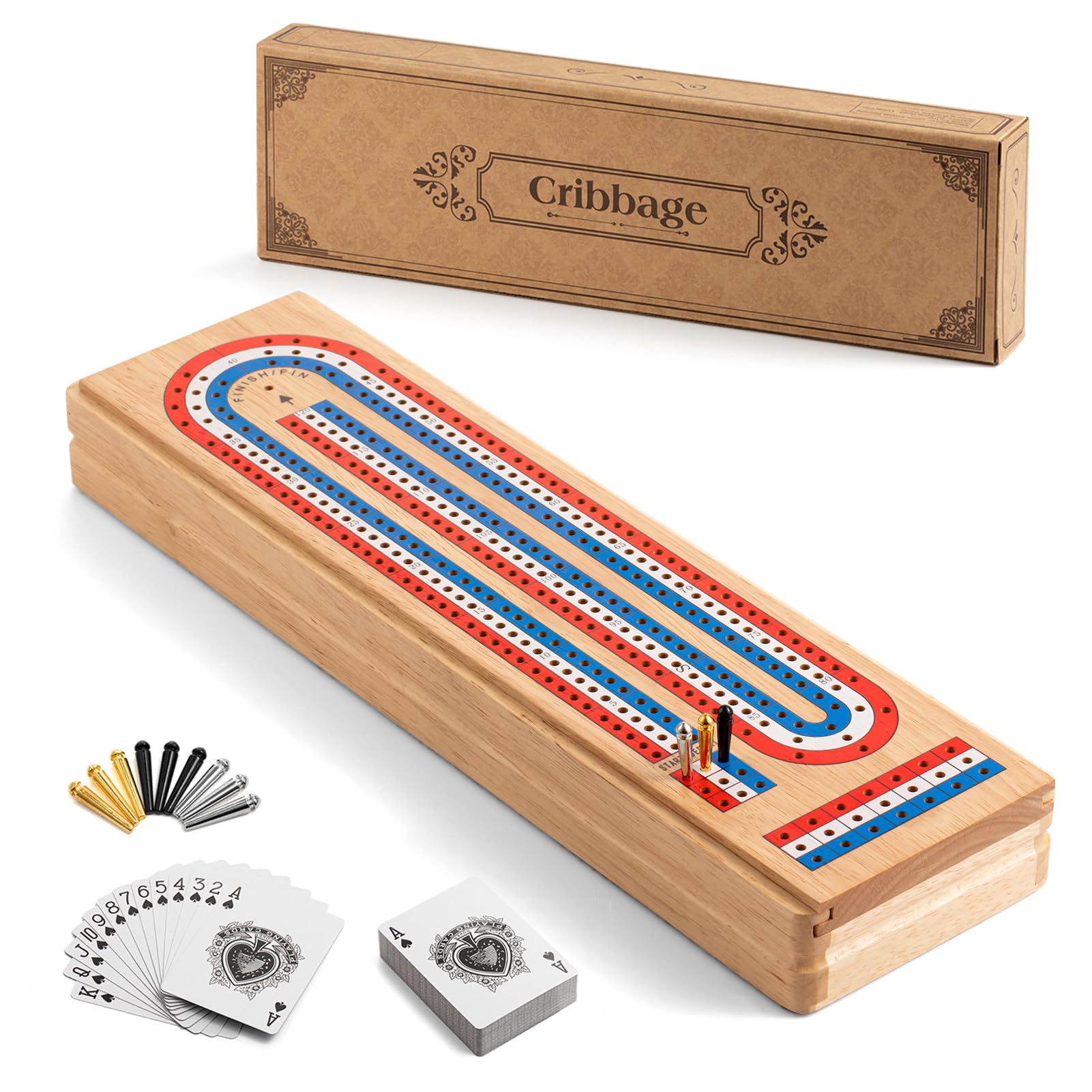 Ceebyfa Cribbage Board Game Set with Large Storage Area, Solid Wood 3 Track Cribbage Board, 9 Metal Pegs, 2 Playing Cards and Instruction. Portable Travel Board Game for All Ages.