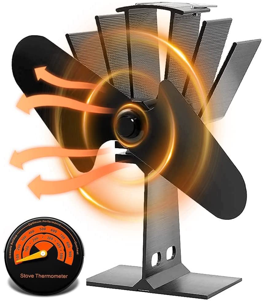 COMBIUBIU Wood Stove Fan Heat Powered 2 Blade Fireplace Fan with Magnetic Thermometer No Electricity Required,Silent Operation,Stove Fan for Gas/Pellet/Wood Burning Stove Accessories