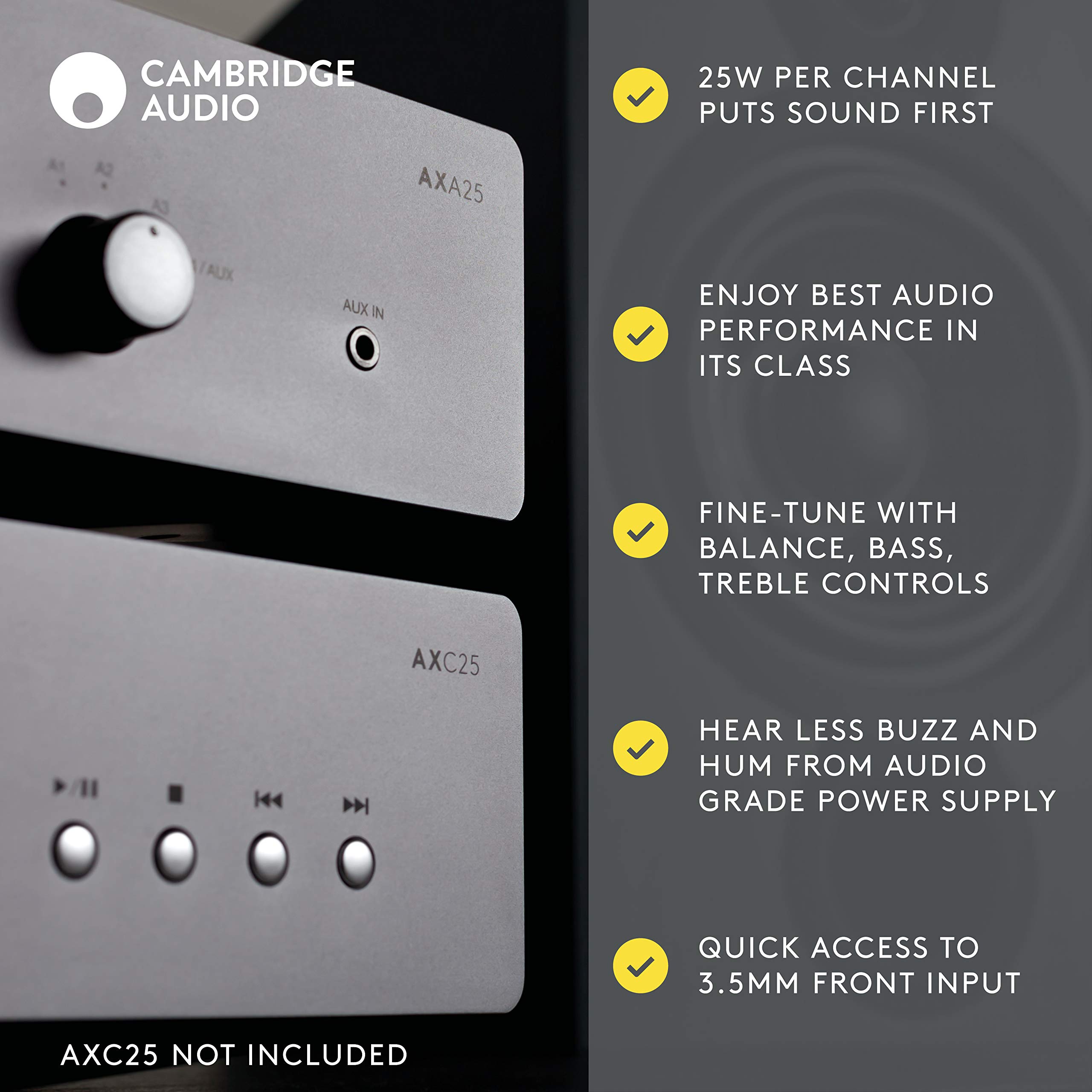 Cambridge Audio AXA25-25 Watt Separate Integrated Stereo Amplifier HiFi System Featuring Tone and Balance Control with Front Aux Input - Lunar Grey