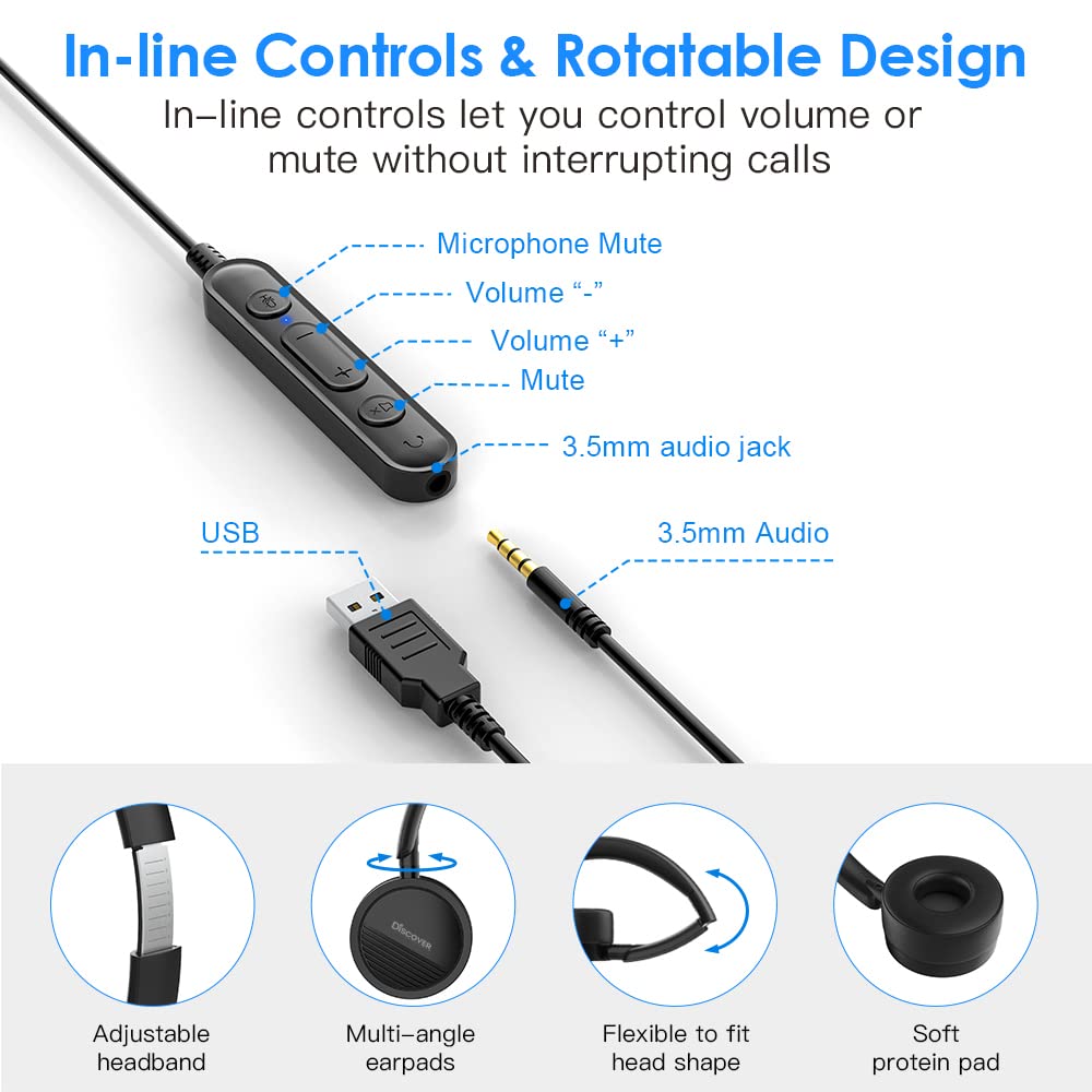 Discover D312U Dual Speaker Headset with USB and 3.5mm Connection- Compatible with Computer Apps Like Microsoft Teams, Zoom, RingCentral, Cisco, Avaya and Cell Phones with a 3.5mm Port