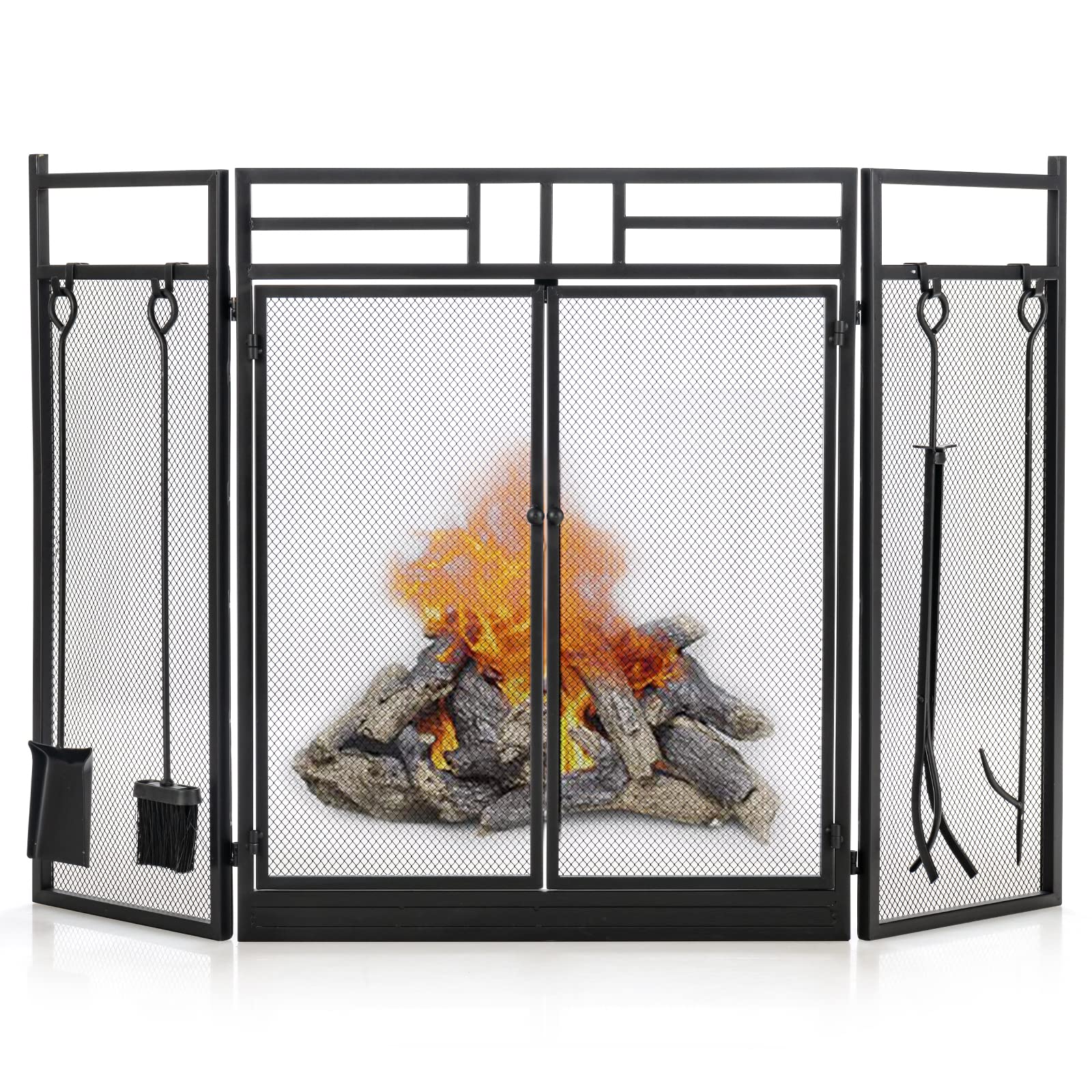 Tangkula 3-Panel Folding Fireplace Screen with Magnetic Hinged Doors, Fire Spark Guard with Fireplace Tools Set, Wrought Iron Decorative Mesh Cover with Wood Burning Stove Accessories, Black