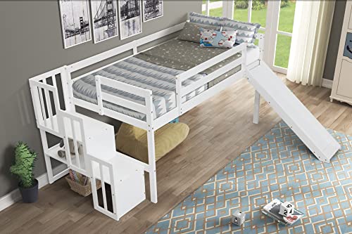 DEYOBED Low Loft Bed with Stairs and Slide - Wood Twin Bed Frame for Kids - Ideal for Boys and Girls - White