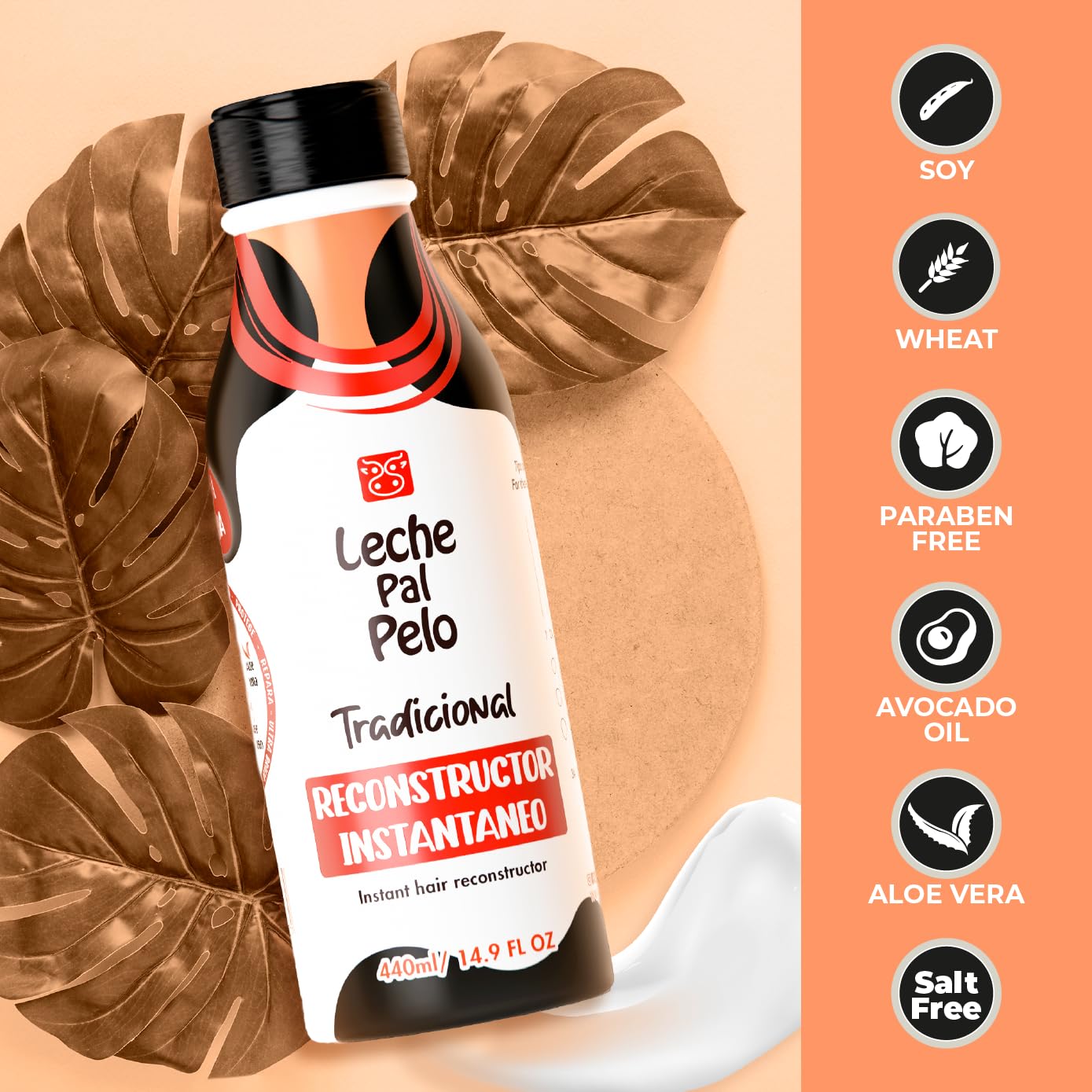Leche Pal Pelo - Instant Hair Reconstructor Treatment with Soy, Wheat, Aloe and Avocado. Provides Intensive Hydration-14.9 Ounces. Tratamiento Reconstructor Con Soya, Trigo, Aguacate y Aloe