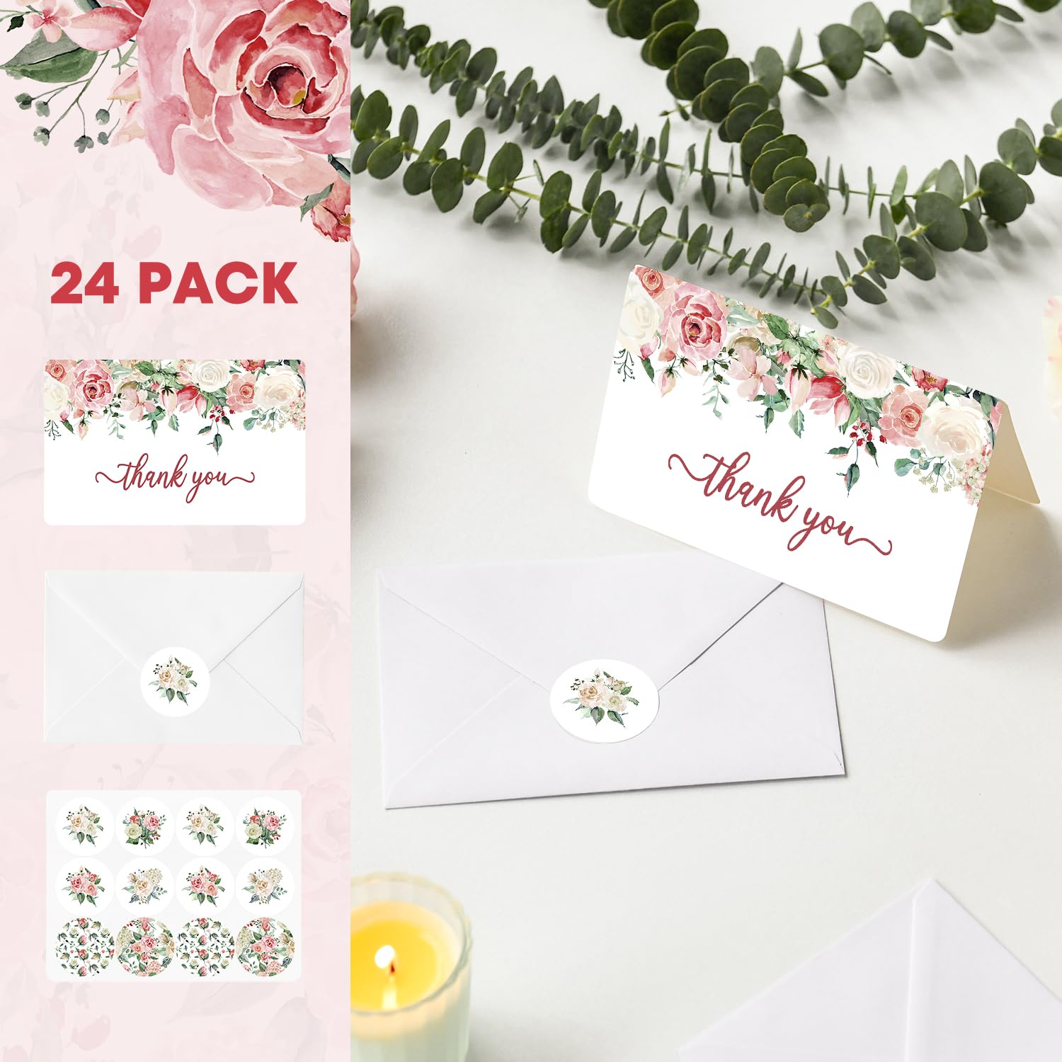 Artoid Mode 24 Pack Rose Flower Thank You Cards Wedding Greeting Cards Gift With Envelope Sticker Blank Note Cards for Birthday Wedding Baby Shower Bridal Shower, 4 x 6 Inch