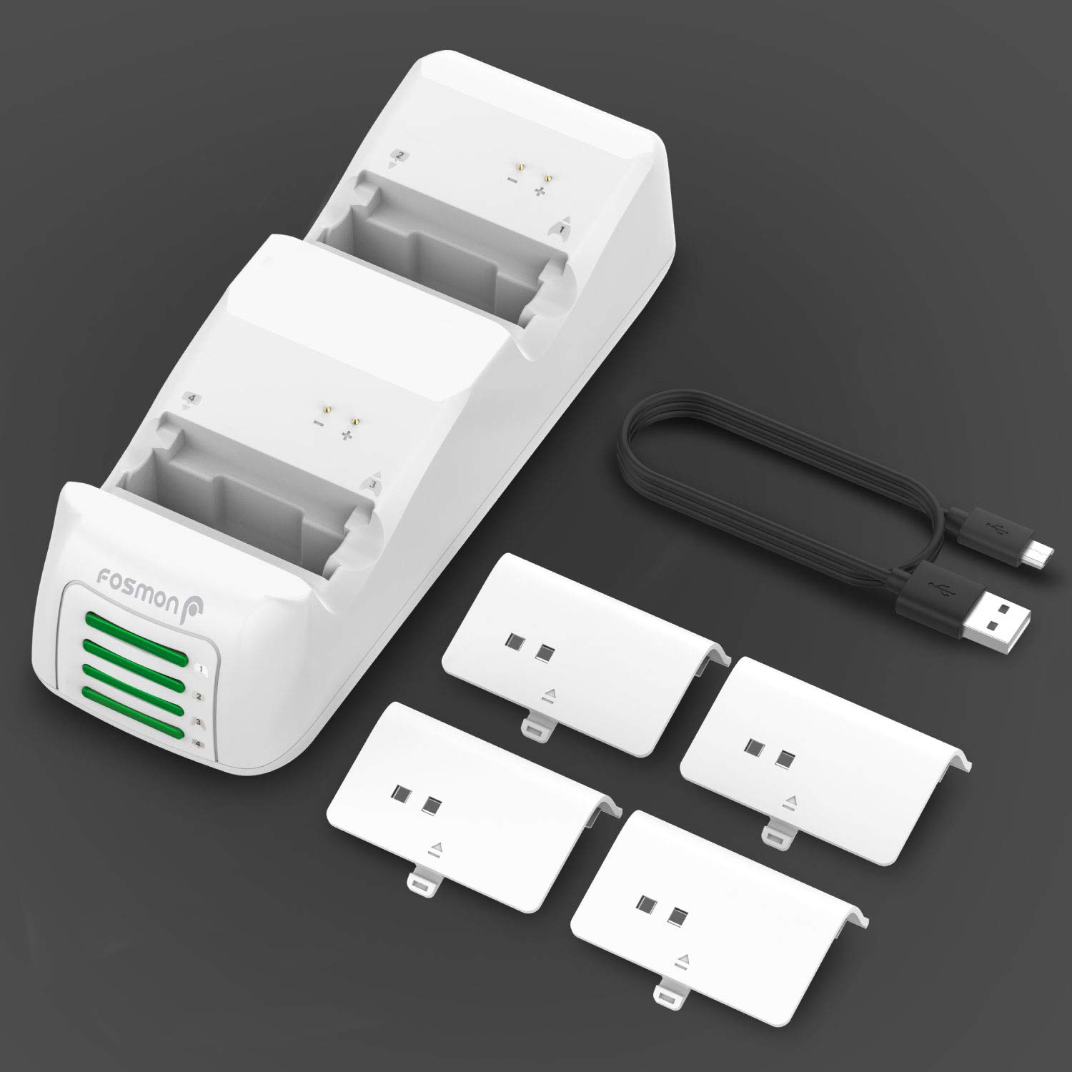 Fosmon Quad PRO 2 Controller Charger Compatible with Xbox-Series X/S Controllers (Not for Xbox-One / 360 / Elite 2) Controllers, Dual Dock Charging Station with 4 Rechargeable Battery Packs - White