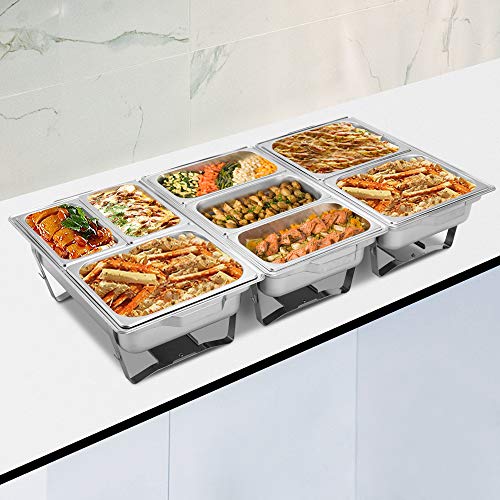 ROVSUN 8 Quart Chafing Dish Buffet Set, Stainless Steel Catering Serve Chafer, Restaurant Food Warmer, Rectangular Buffet Stove with 3 1/3 Size Food Pans and Foldable Frame for Party (1 Pack)