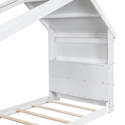 Bellemave Twin Floor Bed for Kids,Twin Size House Bed Frame with Roof, Window and Led Light Design,Wood Twin Montessori Floor Bed for Girls Boys, White