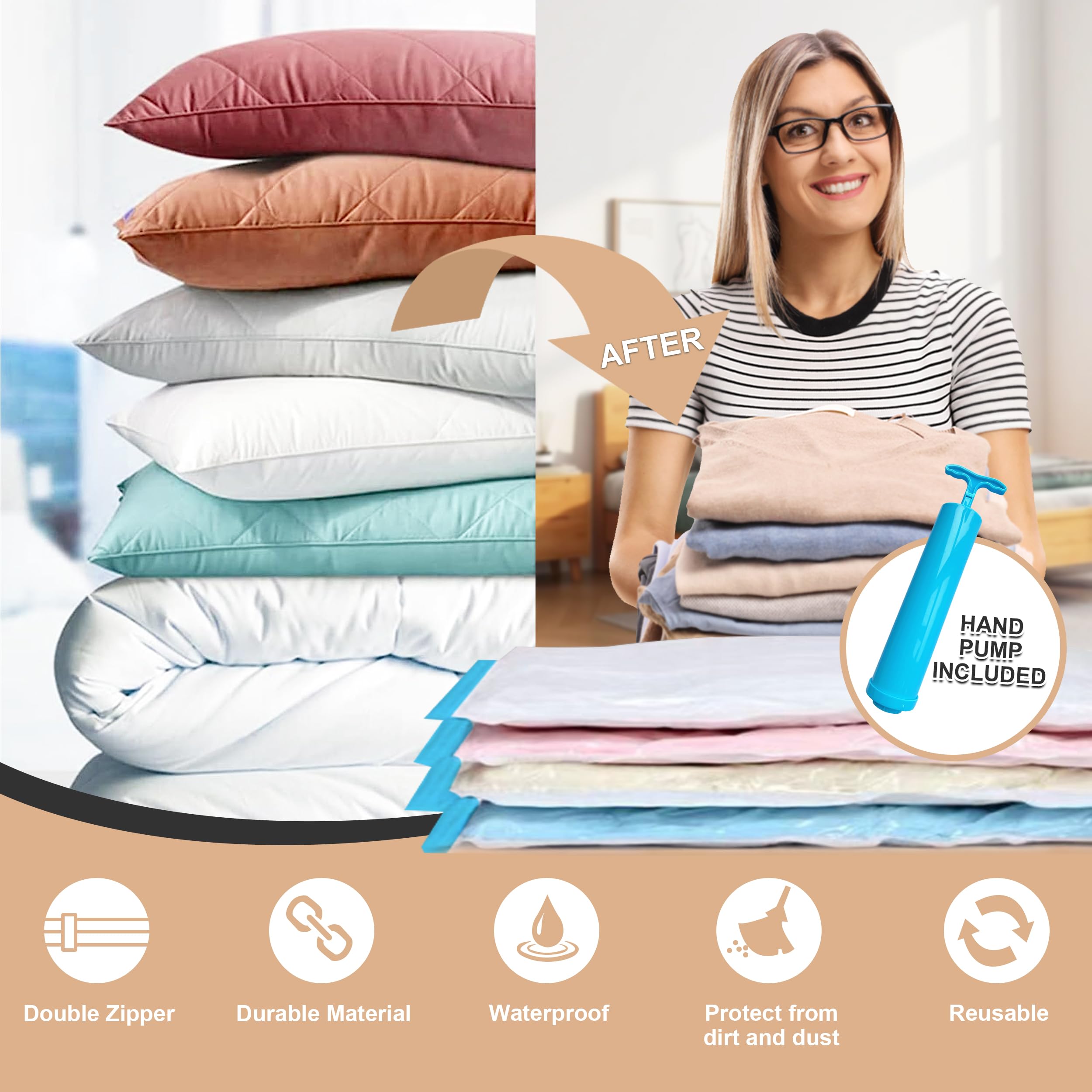 NATURELUX Vacuum Storage Bags, 20-Pack Space Saver, Zipper Vacuum Sealed Bags for Clothing, Clothes, Comforters and Blankets,Hand Pump Included (4 Jumbo/4 Large/4 Medium/8 Small)