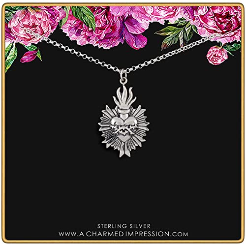 A Charmed Impression Sacred Flaming Heart with Thorns Charm Necklace • Solid Sterling Silver Heart • God's Love • Jesus Love Pendant Necklace
