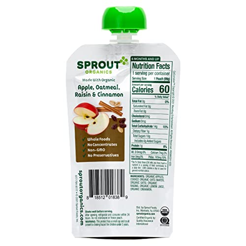 CoComelon Sprout Organic Baby Food Pouches, Apple Oatmeal Raisin with Cinnamon, 3.5 Oz Purees (Pack of 12)