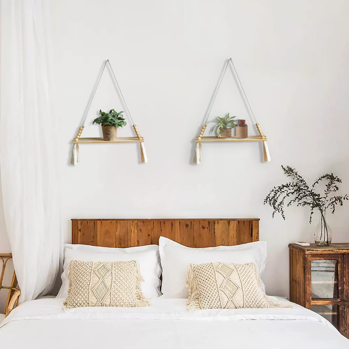 Artilady 2 Pack Wooden Wall Hanging Shelves - Macrame Hanging Plant Shelf with Tassel,Boho Storage Floating Shelves Handmade Rustic Hanger Planter Rack Pot Stand Holder (2 Tassel)