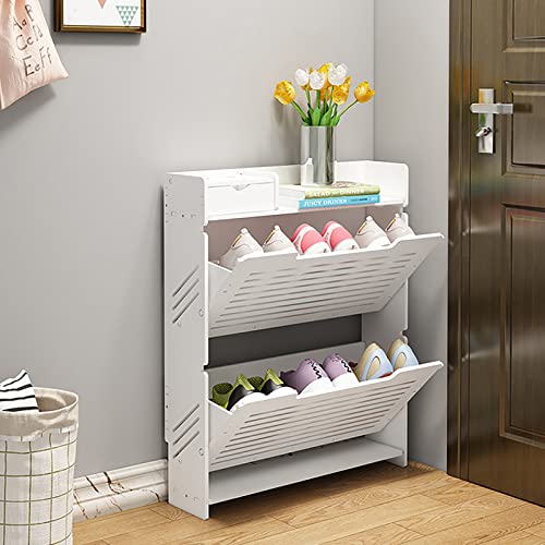 Cbhfmljd Modern Shoe Storage Cabinet, 2-Layer PVC Flip Drawer Shoe Rack Organizer Stand Entryway, Freestanding 2-Tier White Shoe Rack Hallways Photo Frame Tipping Bucket Storage Cabinet Stand