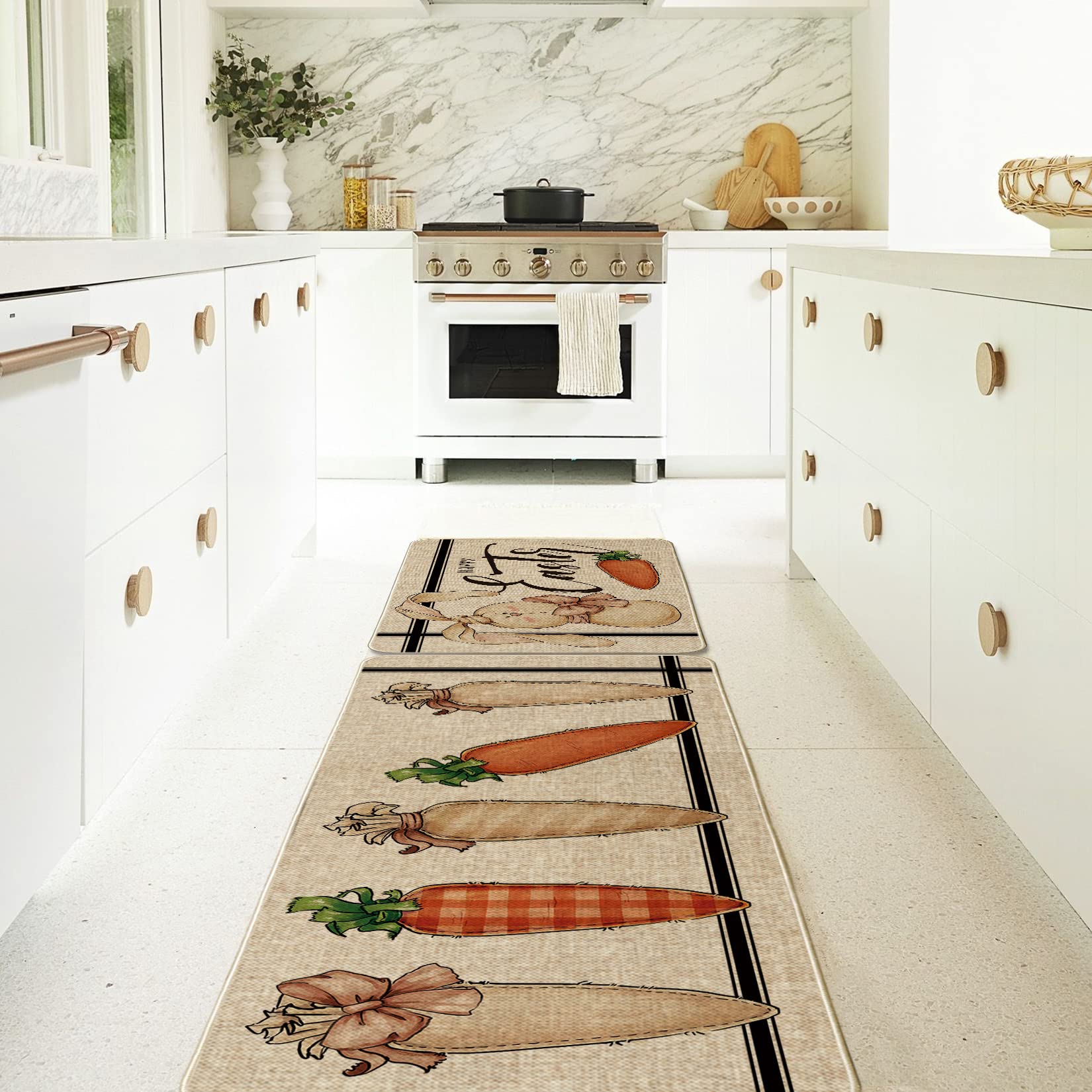 Artoid Mode French Stripes Bunny Doll Carrots Easter Kitchen Mats Set of 2, Home Decor Low-Profile Kitchen Rugs for Floor - 17x29 and 17x47 Inch